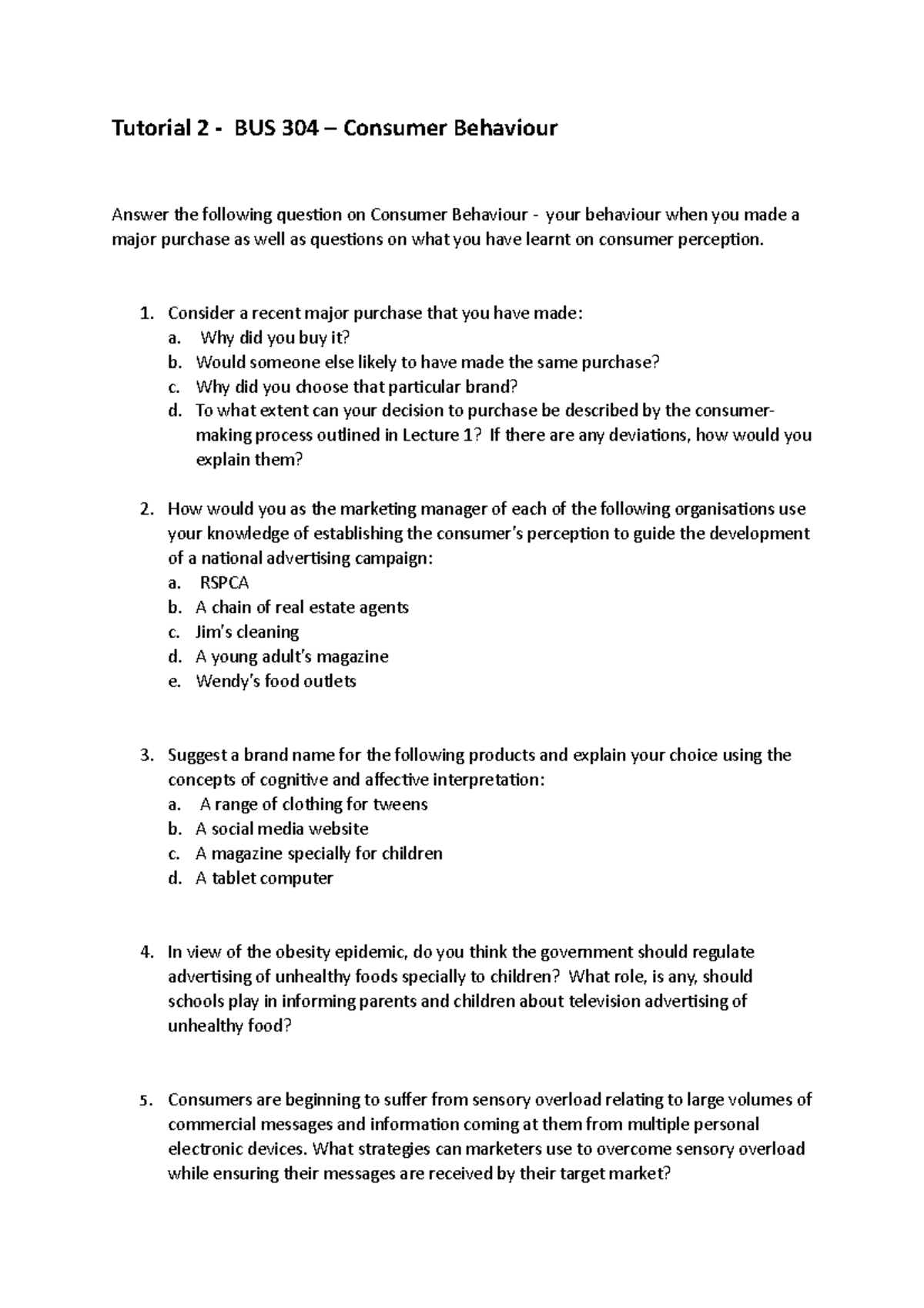 BUS 304 Tutorial 2 - DASDASDSA - Tutorial 2 - BUS 304 – Consumer ...