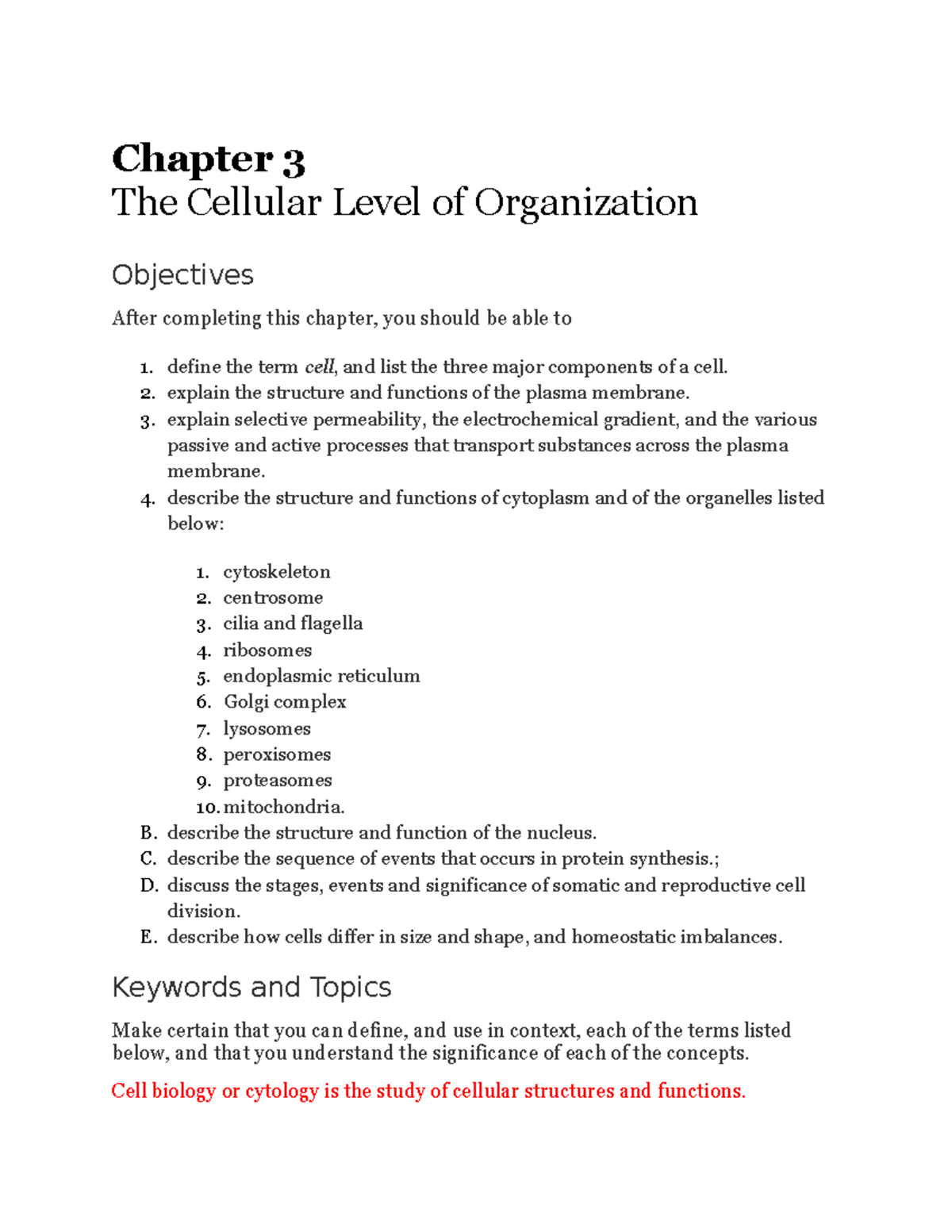 Chapter 3 study notes the cellular level of organization - Chapter 3 ...