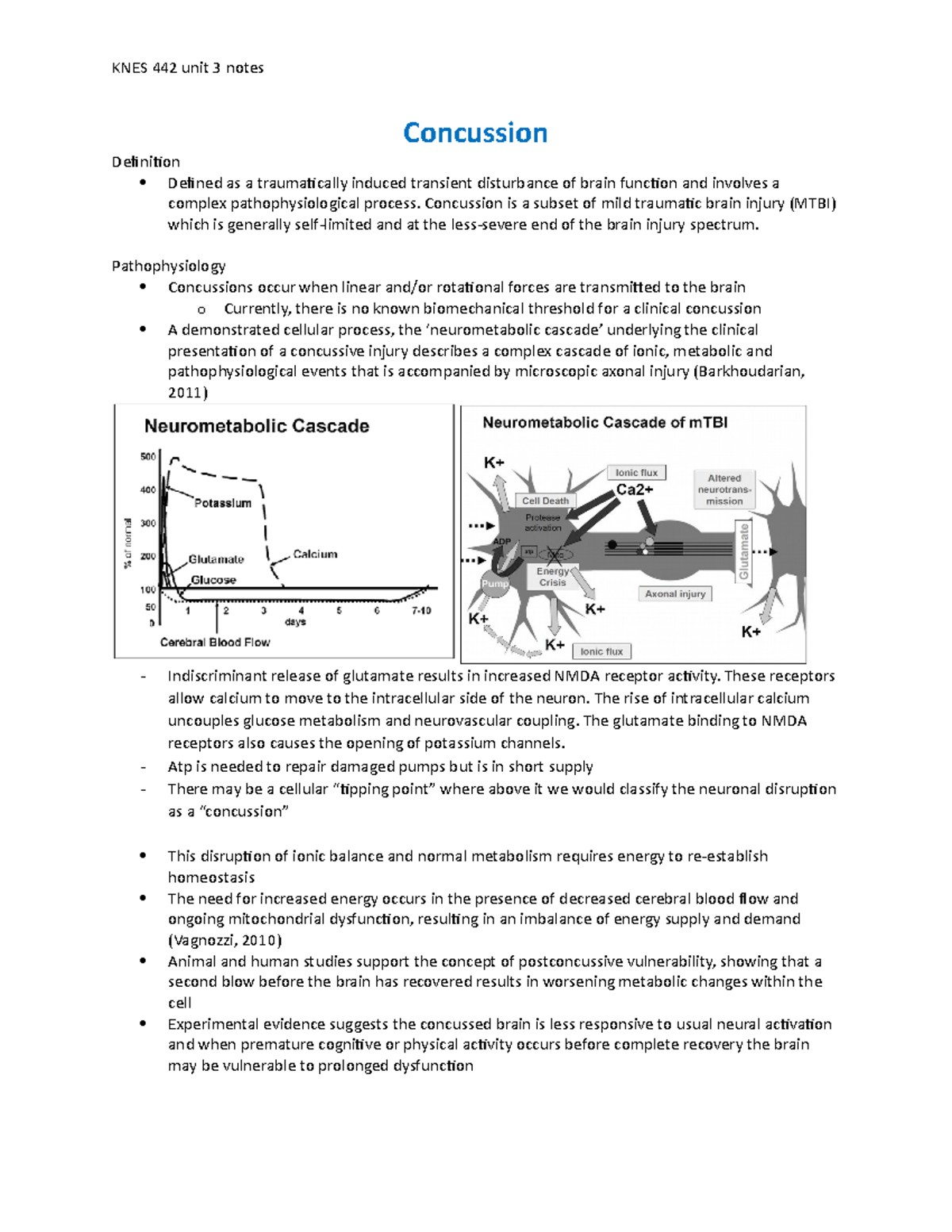 KNES 442 unit 3 notes - Concussion Definition Defined as a ...