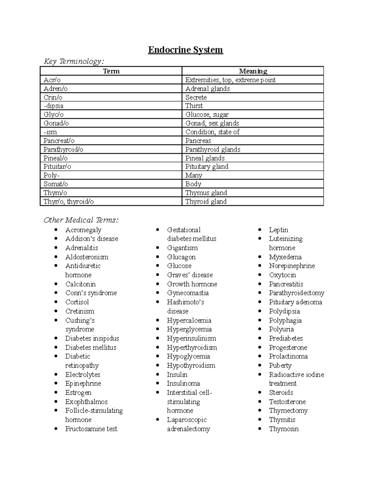 Endocrine System Notes - Endocrine System Key Terminology: Term Meaning ...