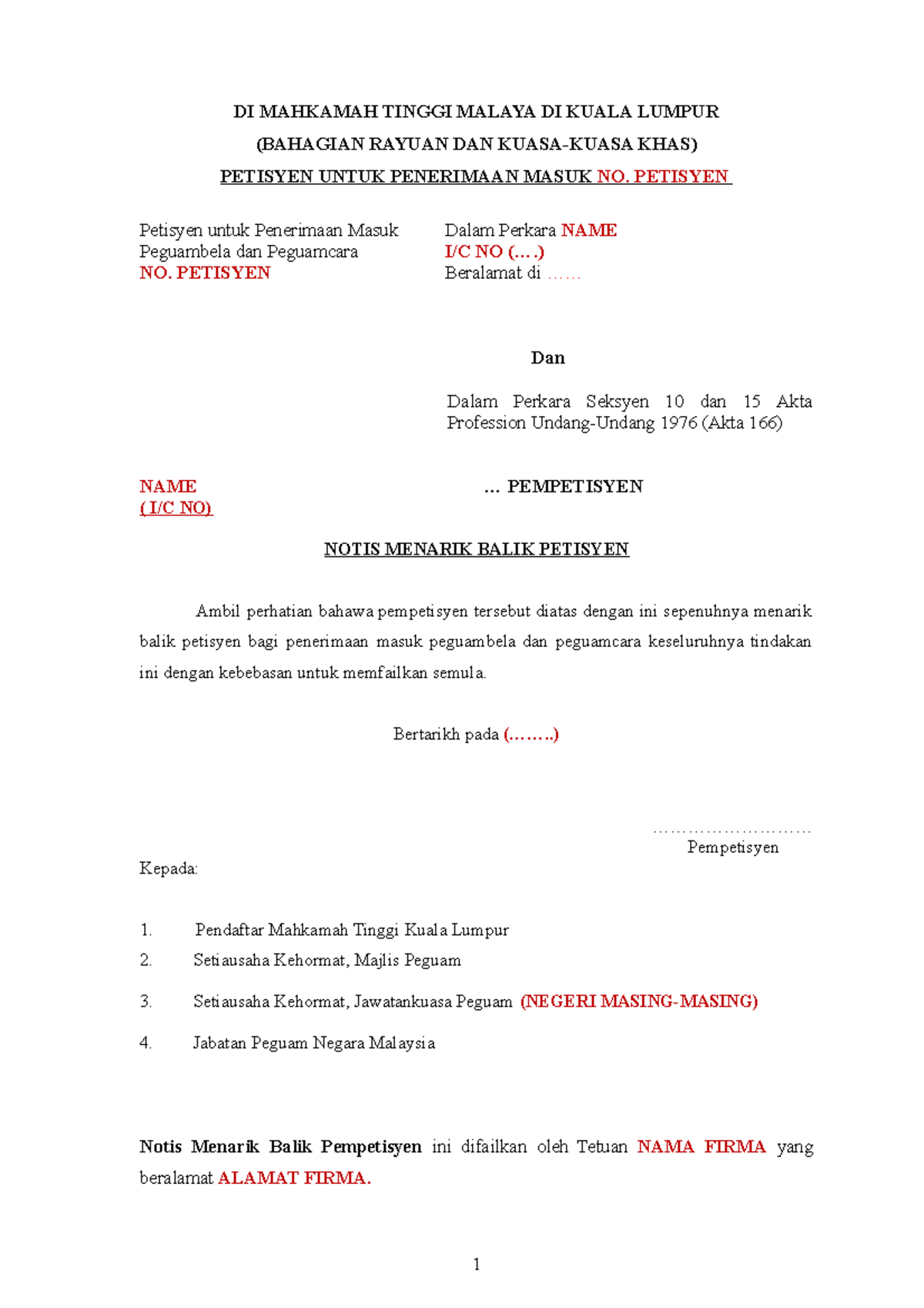 Pelatih dalam kamar Sample Notis Menarik Balik - DI MAHKAMAH TINGGI ...