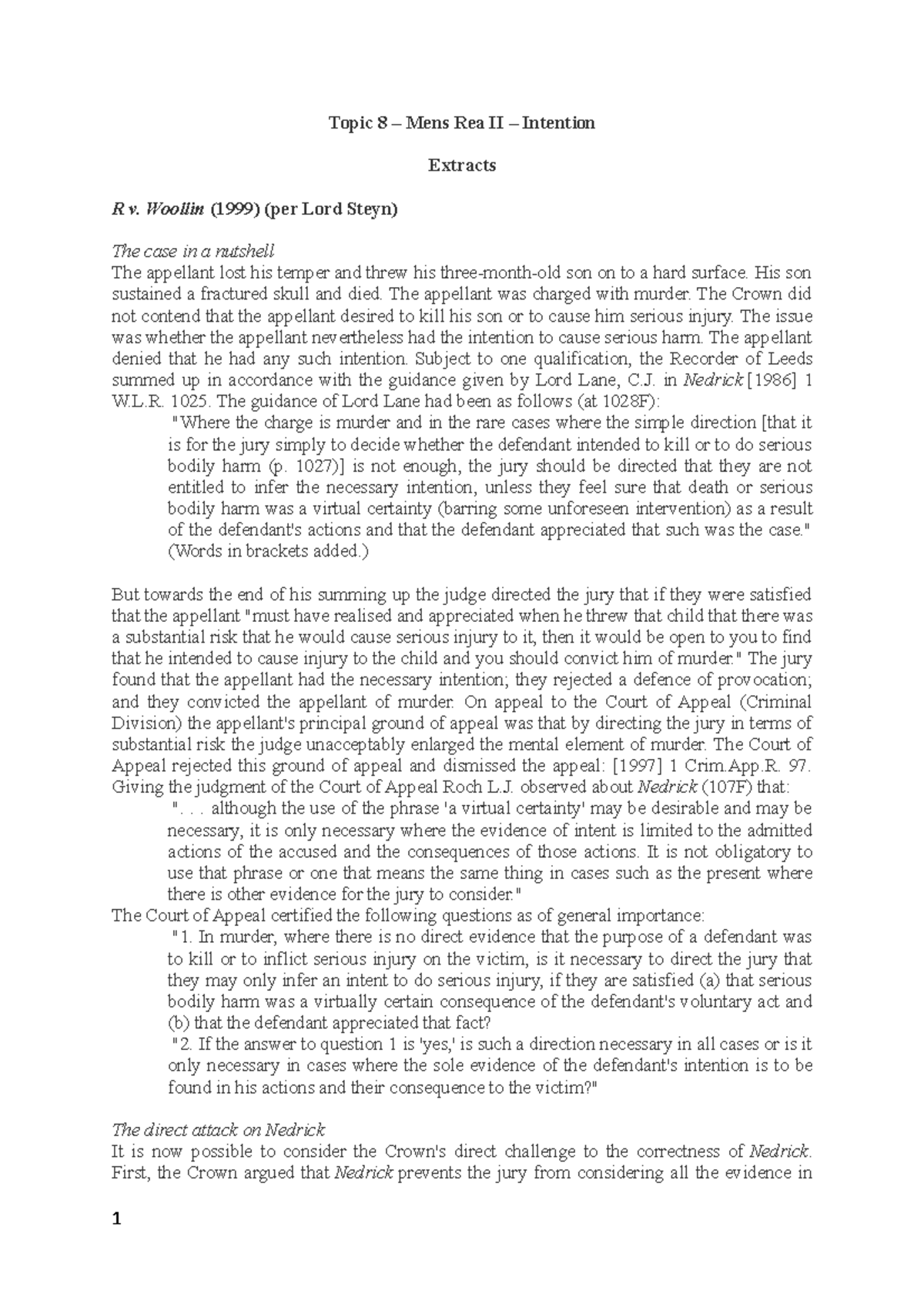Extra Reading - Topic 8 – Mens Rea II – Intention Extracts R v. Woollin ...