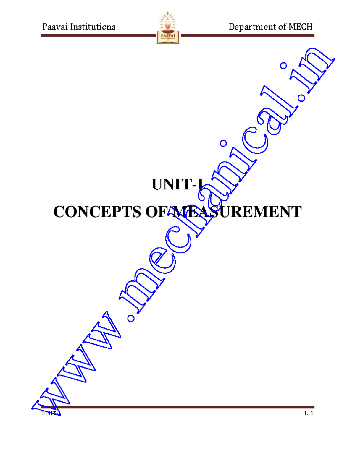 1 - UNIT-I 1. 1 UNIT-I CONCEPTS OF MEASUREMENT UNIT-I 1. 2 CONTENTS 1 ...
