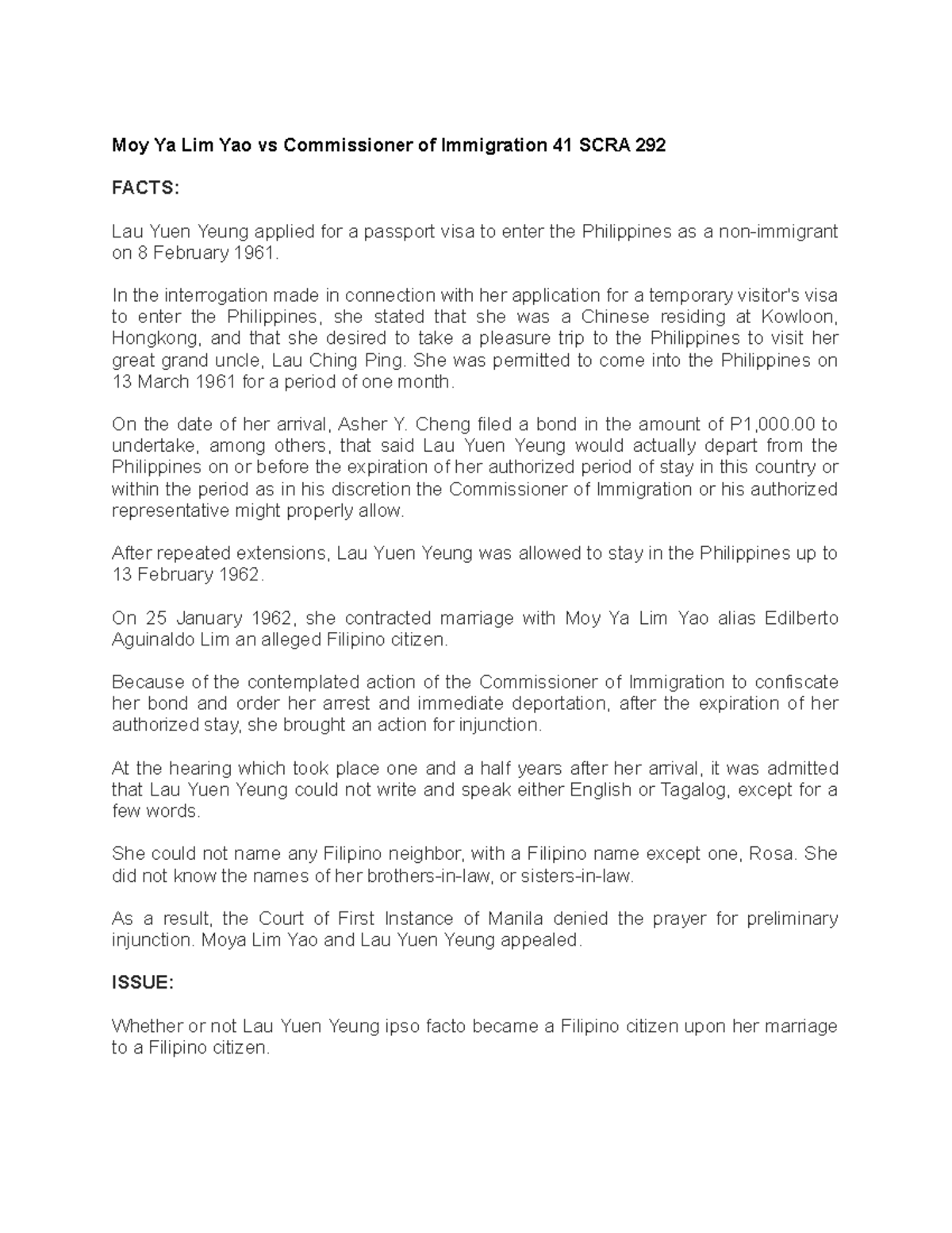 Furio Moy Ya Lim Yao vs Commissioner of Immigration 41 SCRA 292 - In ...