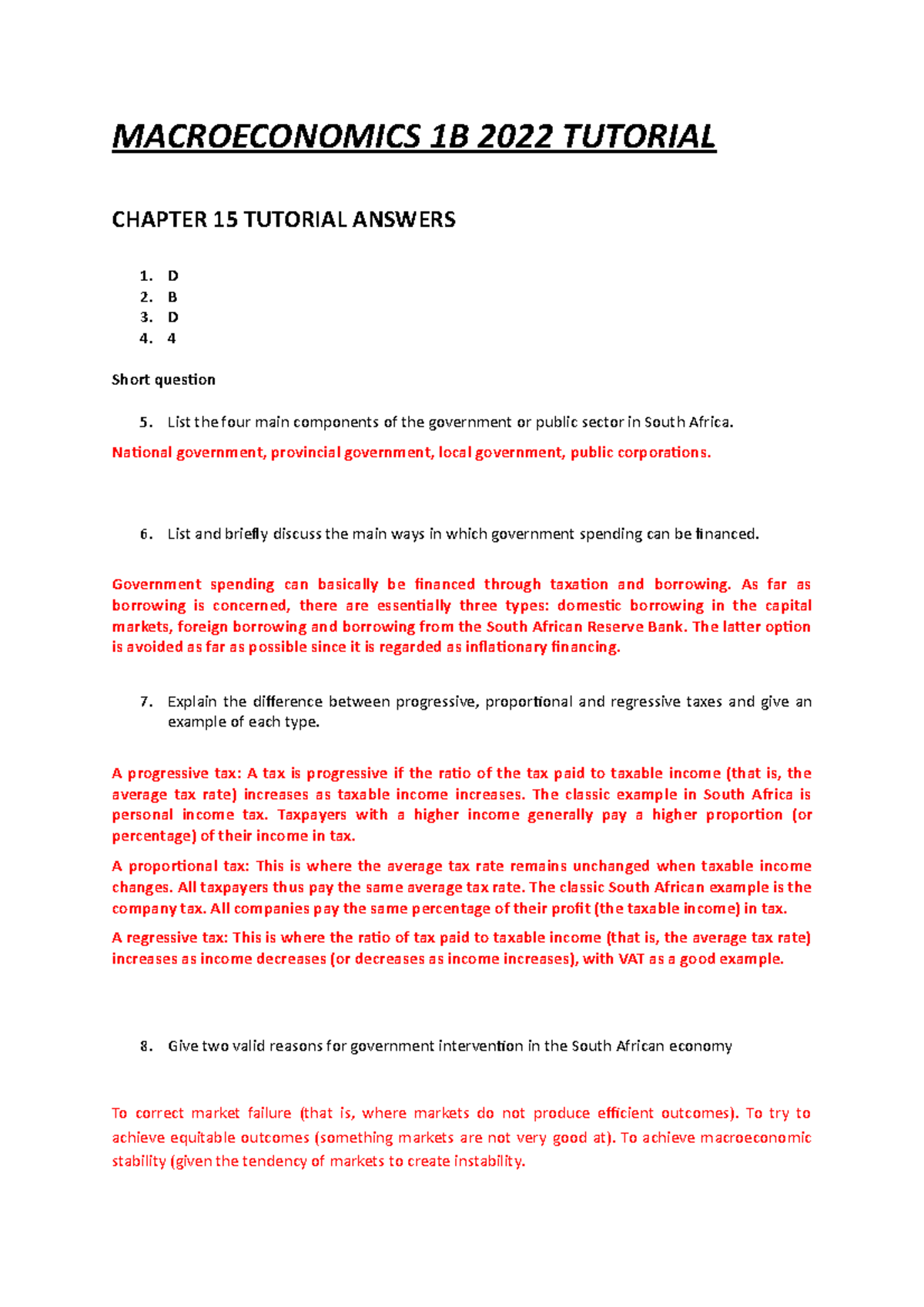 Chapter 15 Tutorial Answers - MACROECONOMICS 1B 2022 TUTORIAL CHAPTER ...