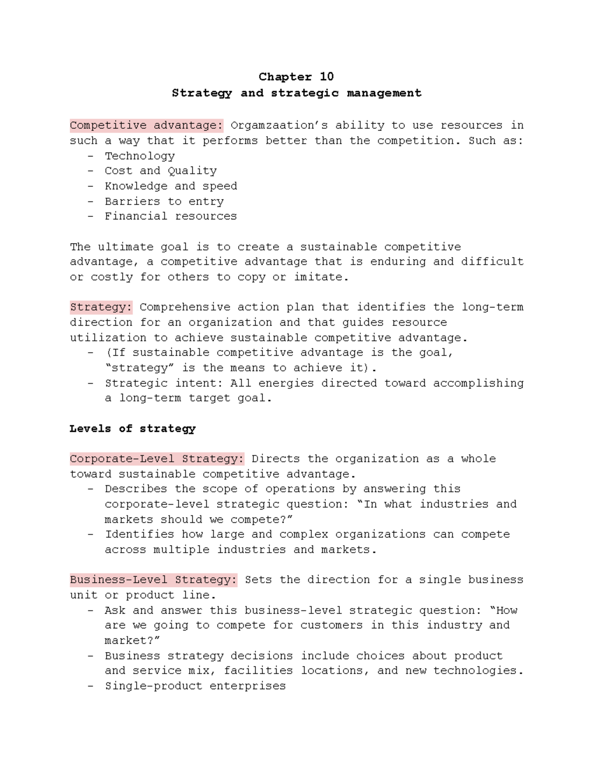 Chapter 10 - Chapter 10 Strategy and strategic management Competitive advantage: Orgamzaation’s ...