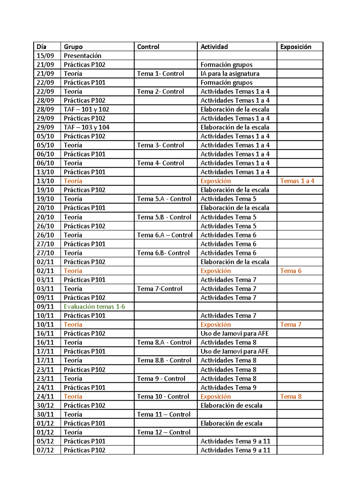 Calendario - nbkj - Día Grupo Control Actividad Exposición 15/09 ...
