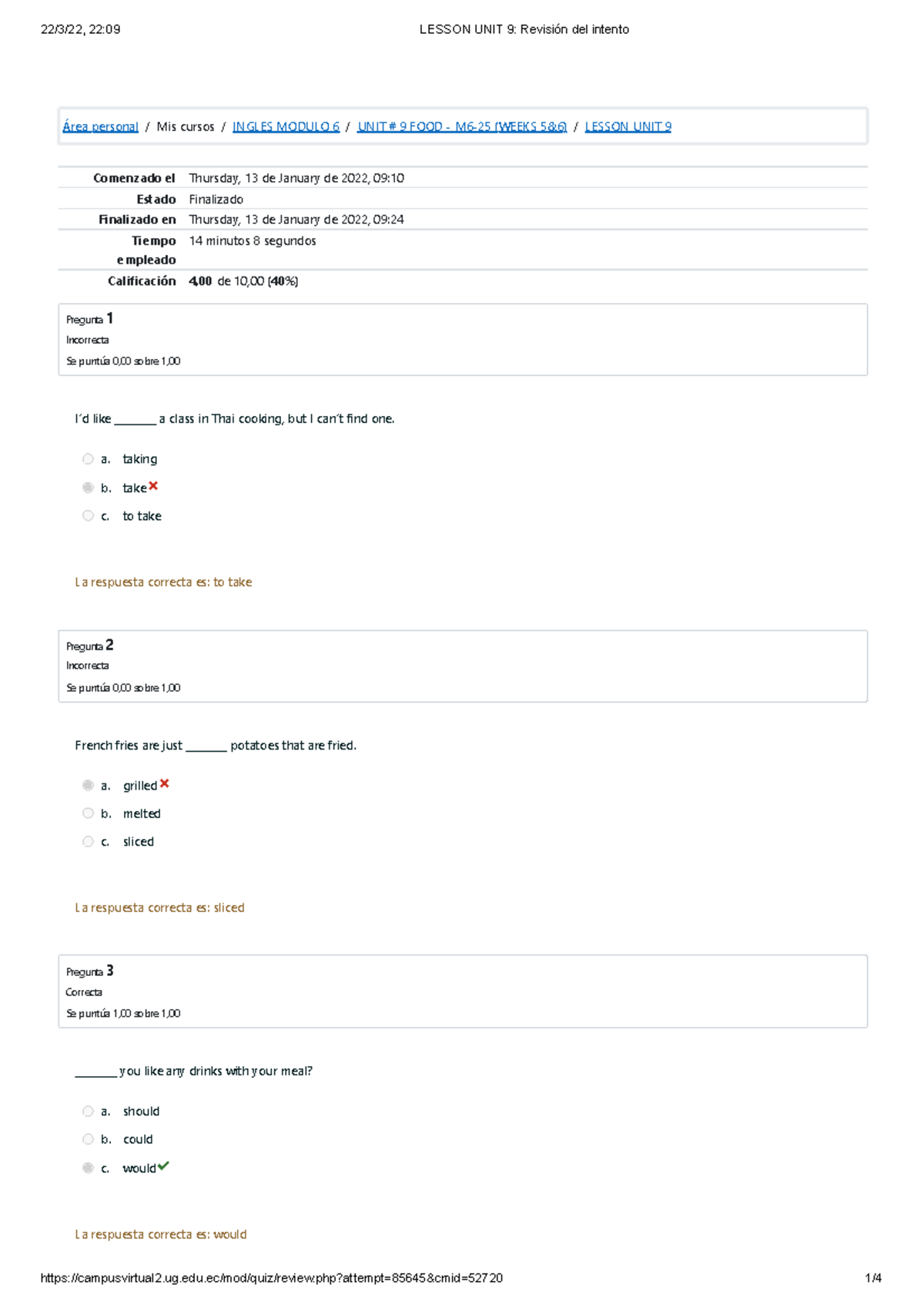 Lesson UNIT 9 Revisión del intento 6to modulo - Comenzado el Thursday ...
