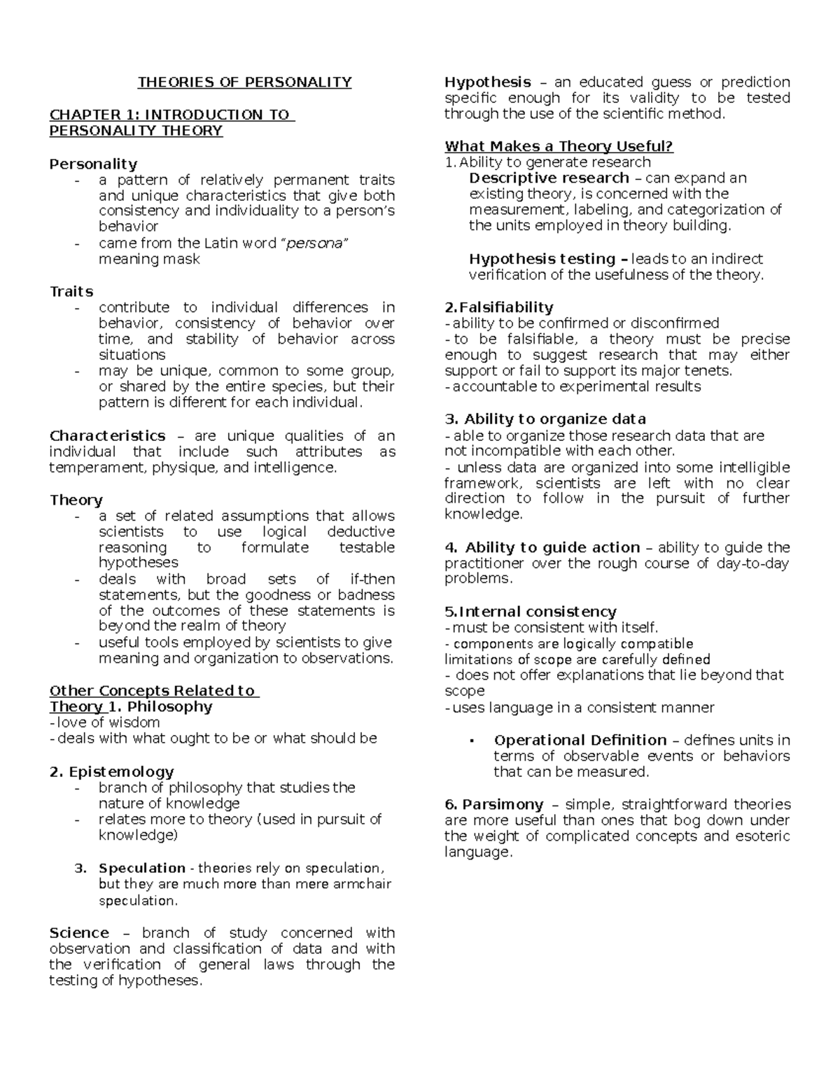 Theoper Reviewer Chapters 1 4 6 and 8 - THEORIES OF PERSONALITY CHAPTER ...