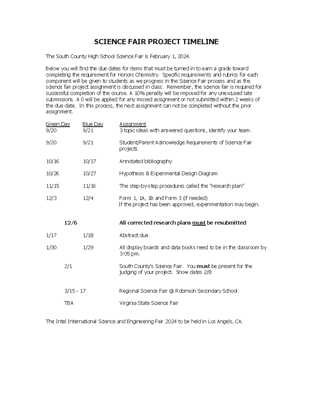 Science Fair Time Line 2324 - SCIENCE FAIR PROJECT TIMELINE The South ...