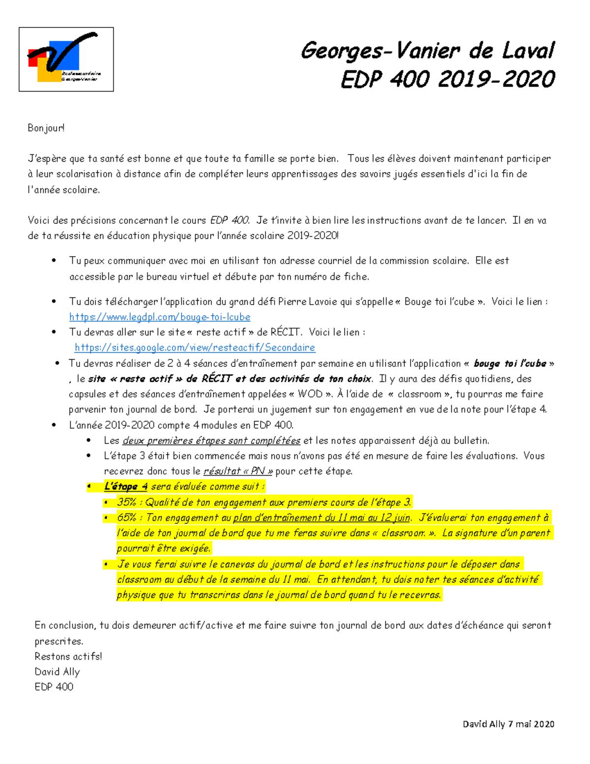 EDP Covid 19-20 8mai 3 - École secondaireGeorges-Vanier Georges-Vanier ...