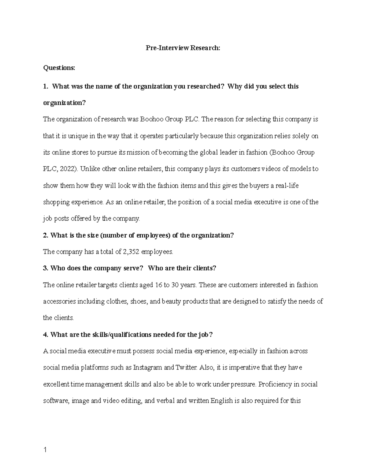 Pre Interview Research - Pre-Interview Research: Questions: What was ...