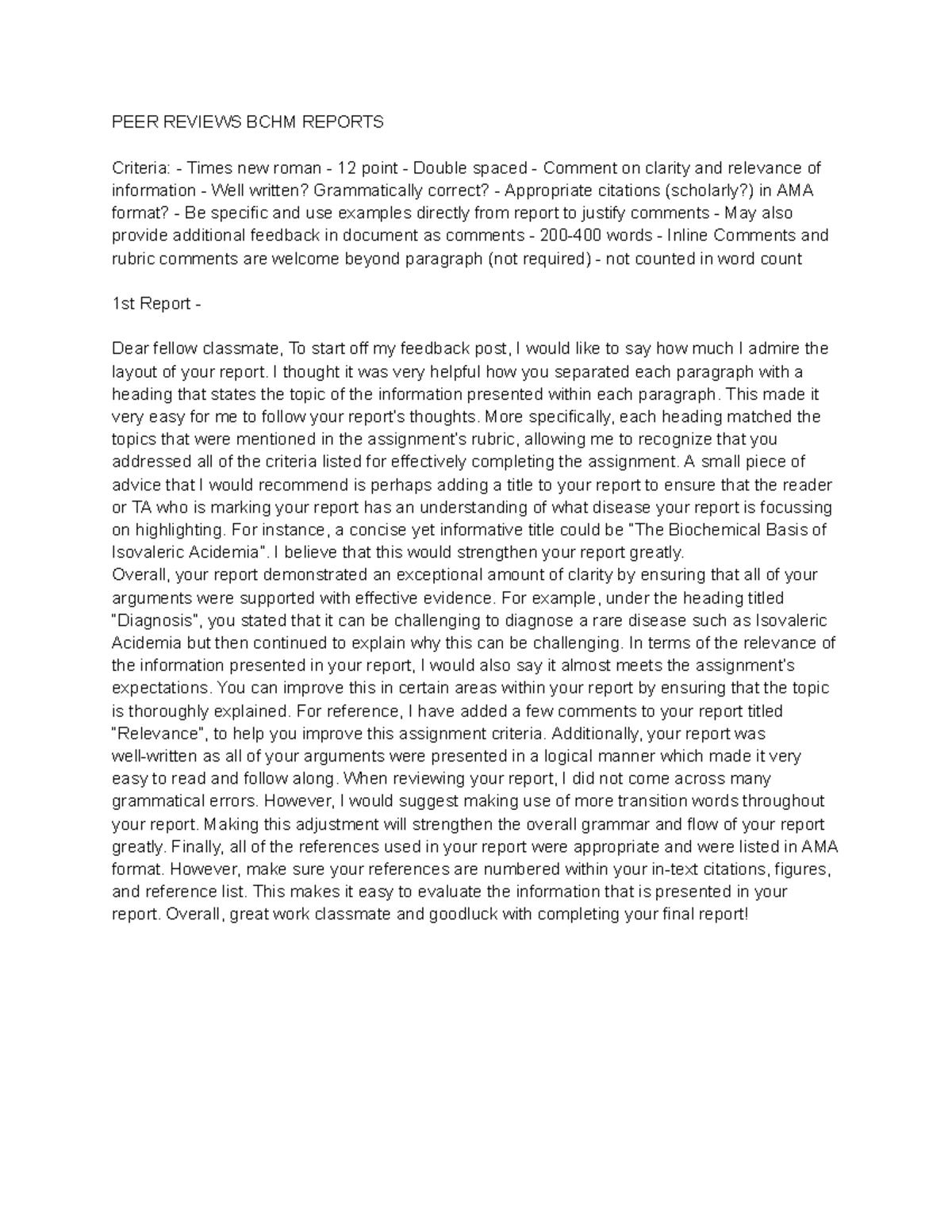 PEER Reviews BCHM Reports - PEER REVIEWS BCHM REPORTS Criteria: - Times ...