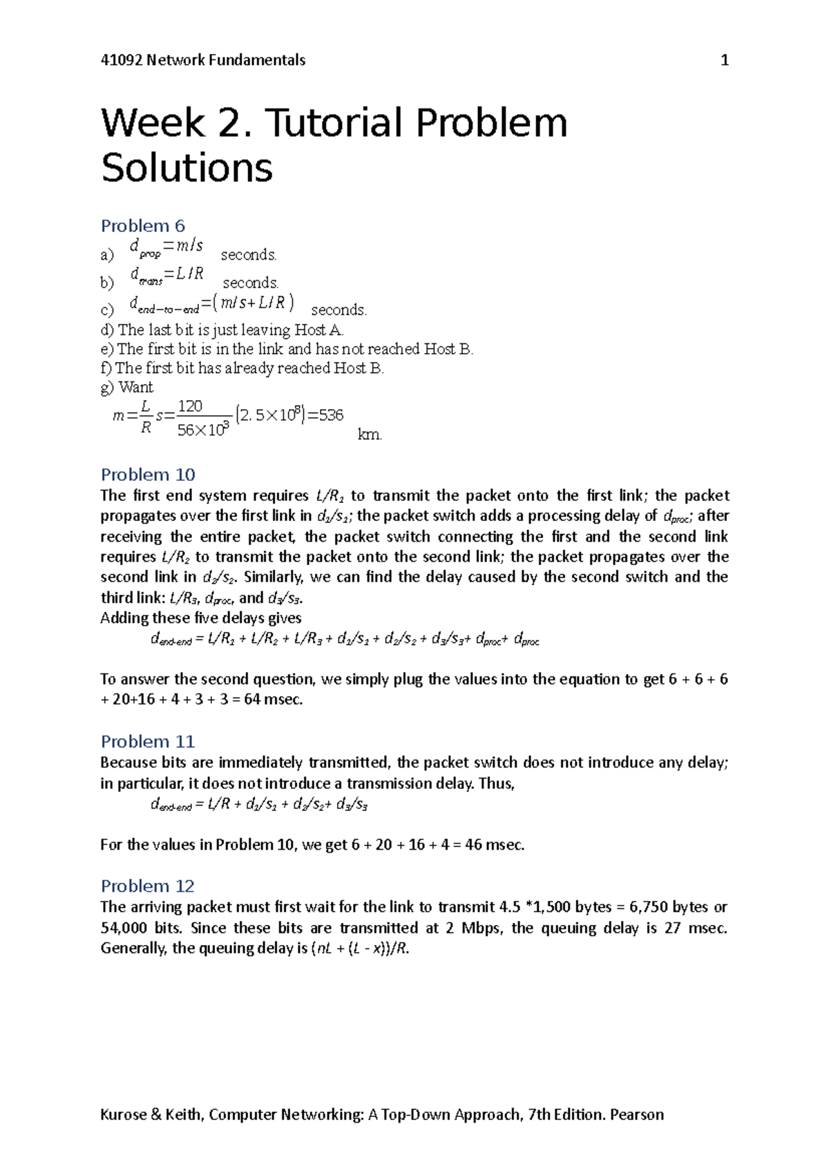 Week2-Tutorial Problem Solution - 41092 Network Fundamentals Week 2. Tutorial Problem Solutions ...