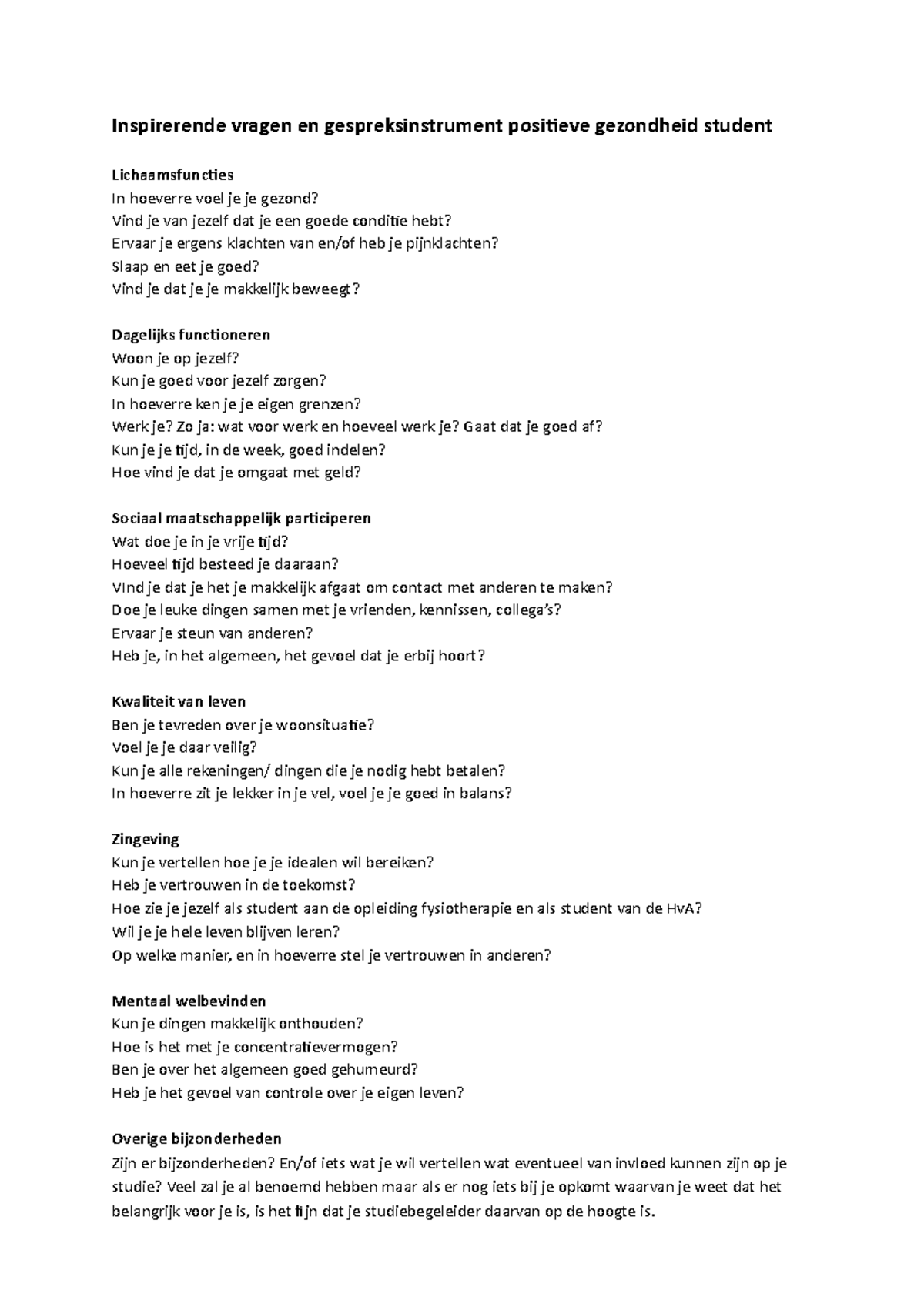 Inspirerende vragen positieve gezondheid student - Inspirerende vragen ...