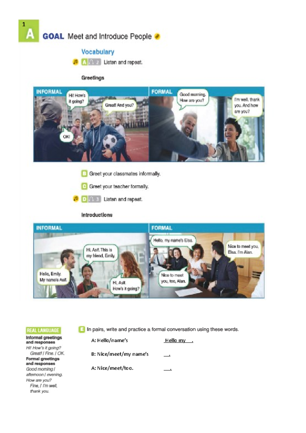 Lesson 1 - A - Lession 1 A - Ingles - A: Hello/name’s Hello my. B: Nice ...