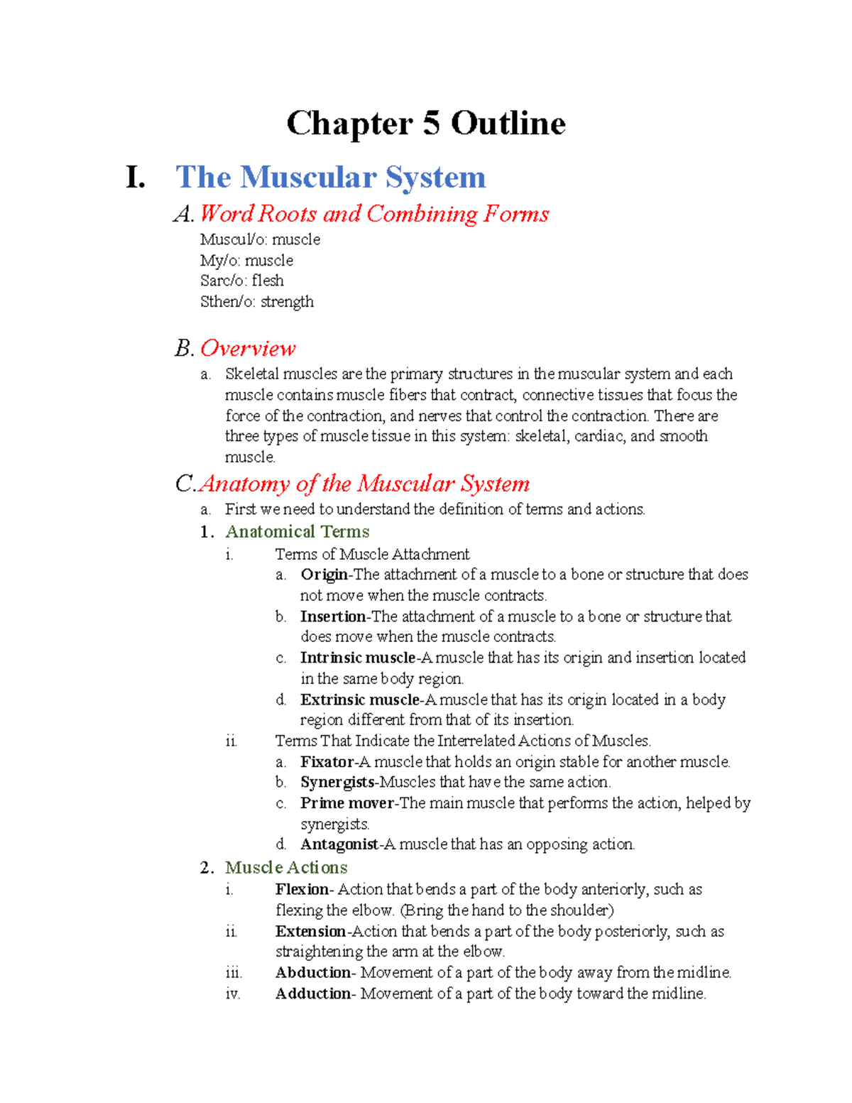 Chapter 5 outline - Chapter 5 Outline I. The Muscular System A. Word ...