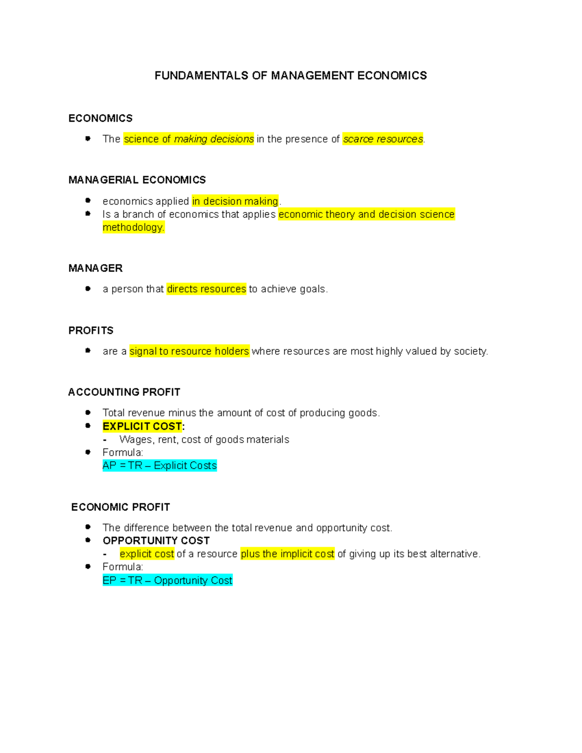 Reviewer MGL ECON (QUIZ #1) - FUNDAMENTALS OF MANAGEMENT ECONOMICS ...