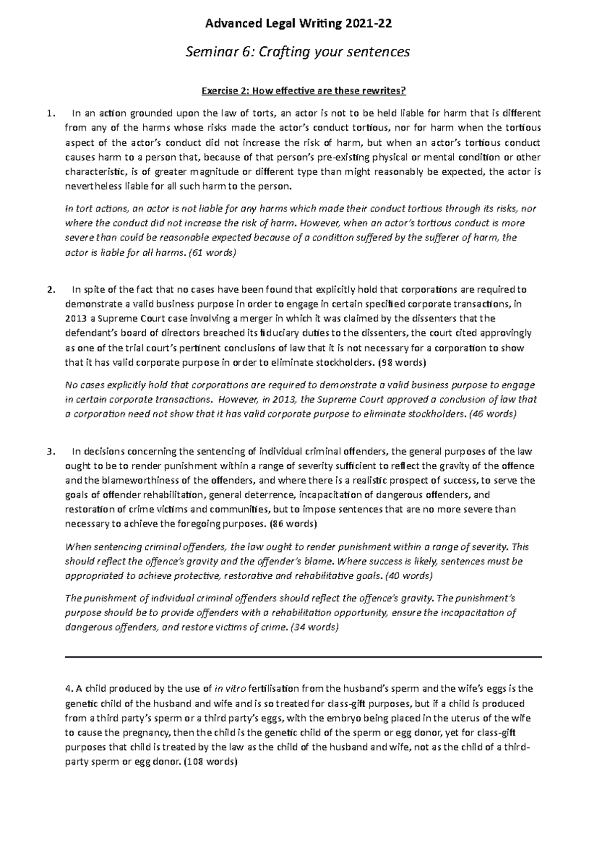 ALW S6 Exercises - Advanced legal writing seminar 6 excercises ...
