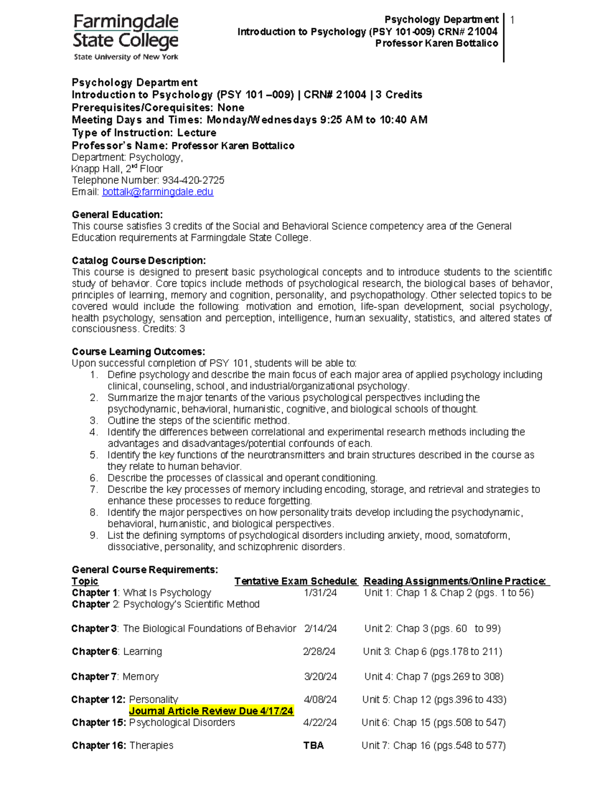 Spring 2024 Course Outline CRN 21004 - Introduction to Psychology (PSY ...