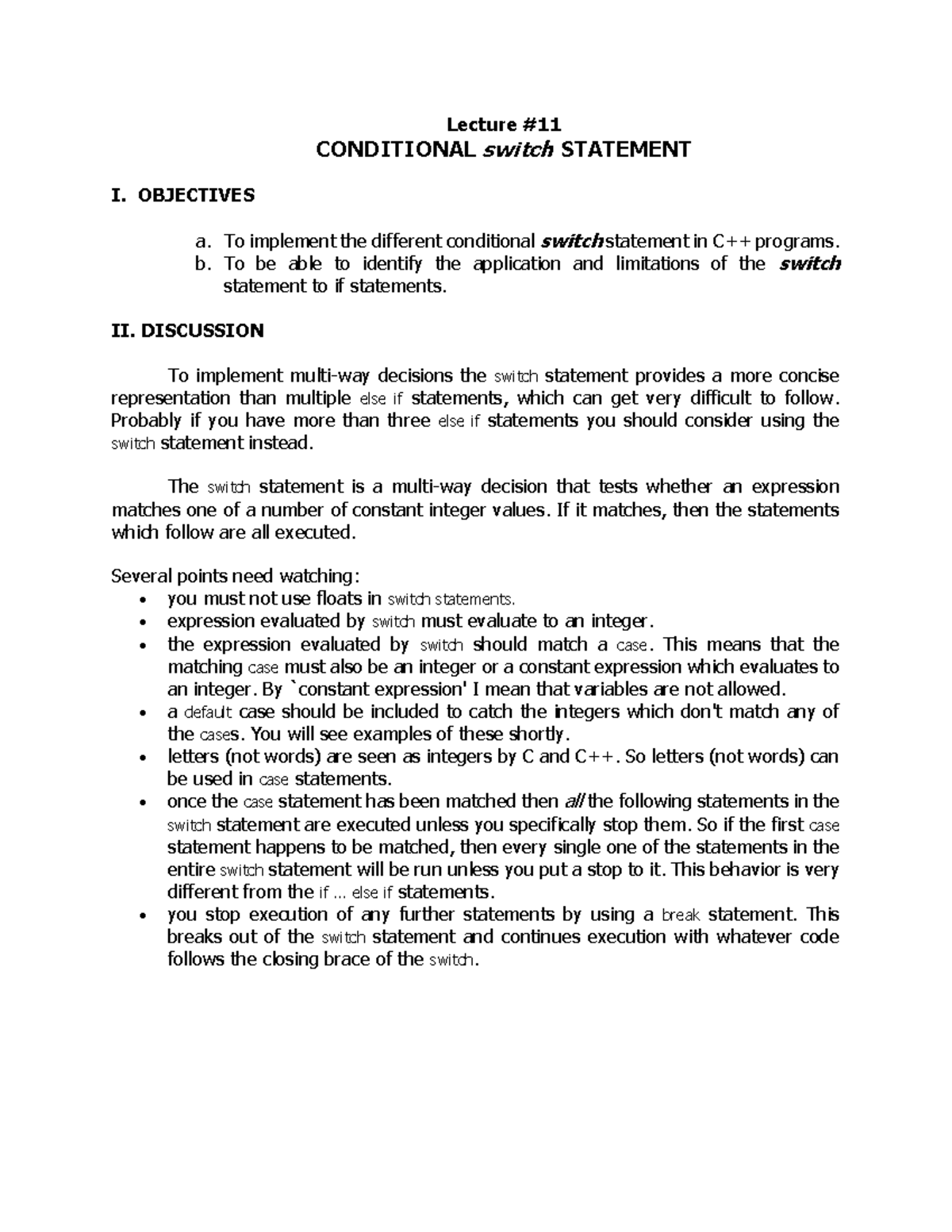 Conditional-switch c++ program - Lecture # CONDITIONAL switch STATEMENT ...