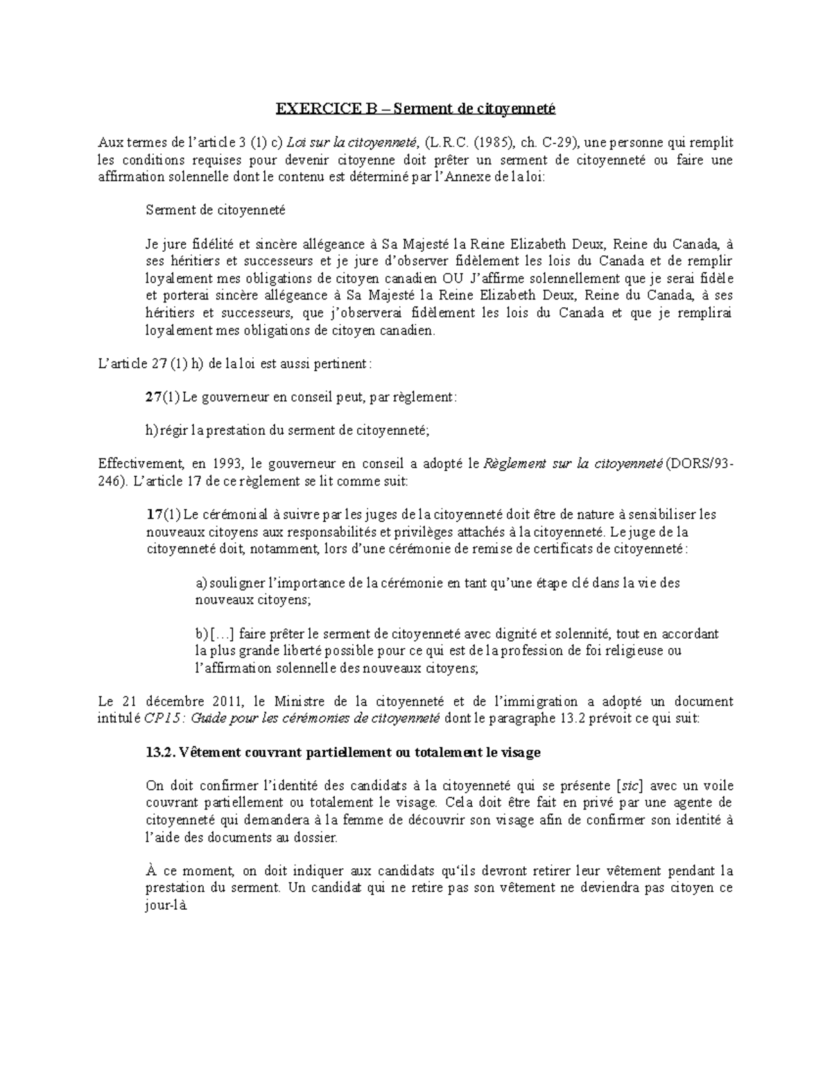 Exercices intro - EXERCICE B – Serment de citoyenneté Aux termes de l ...