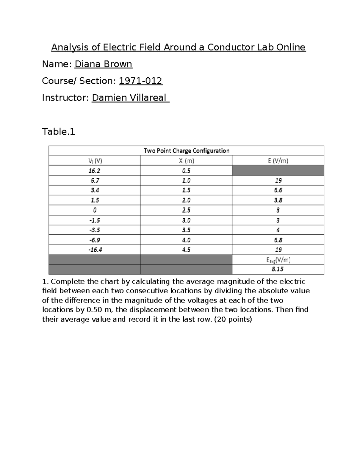 Analysis of Electric Field Around a Conductor Lab Online - 1. Complete the chart by calculating ...