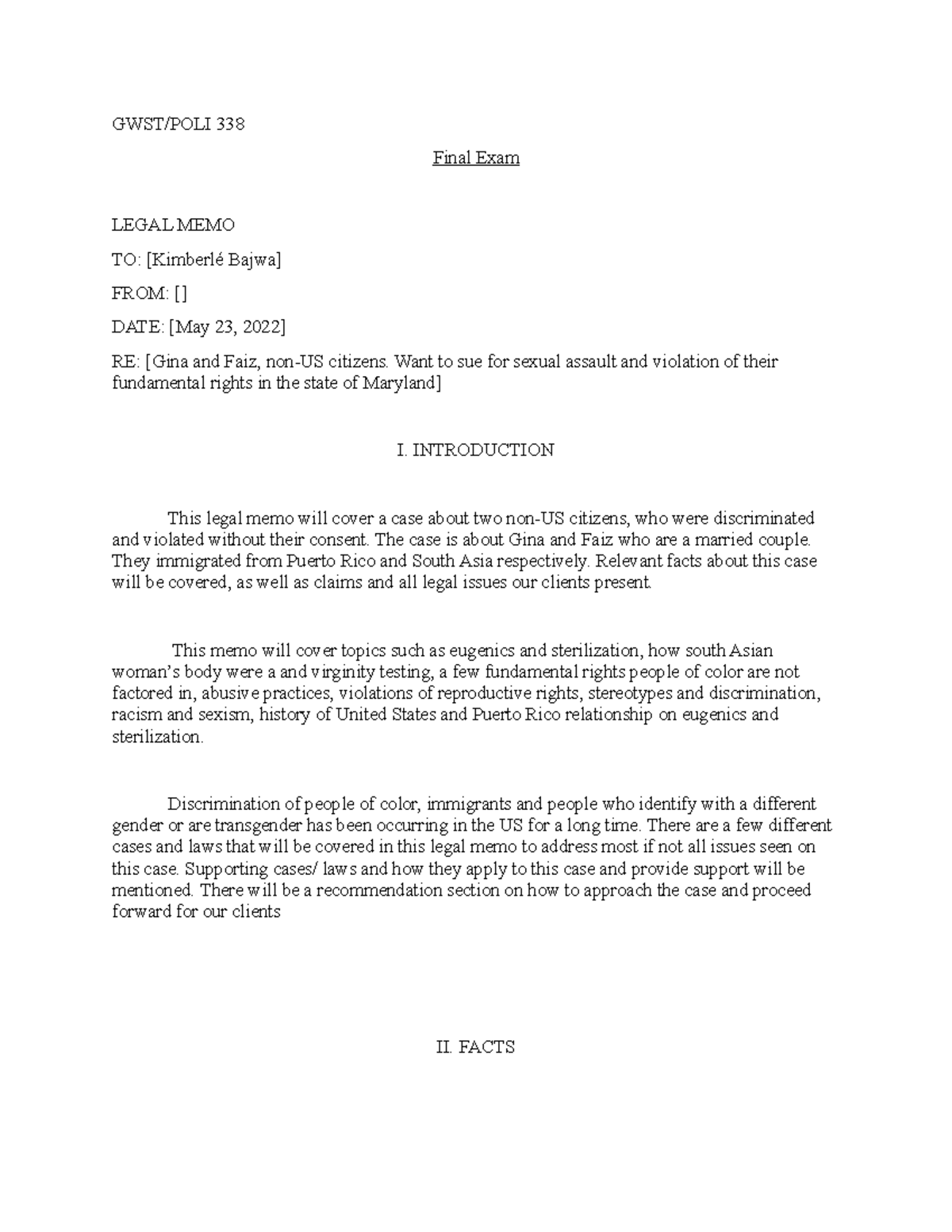 GWST final - GWST/POLI 338 Final Exam LEGAL MEMO TO: [Kimberlé Bajwa ...