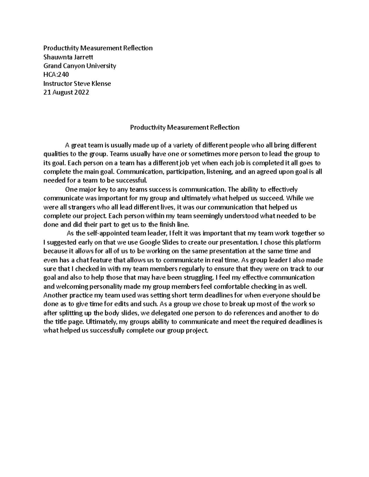 Productivity Measurement Reflection HCA 240 - Productivity Measurement ...