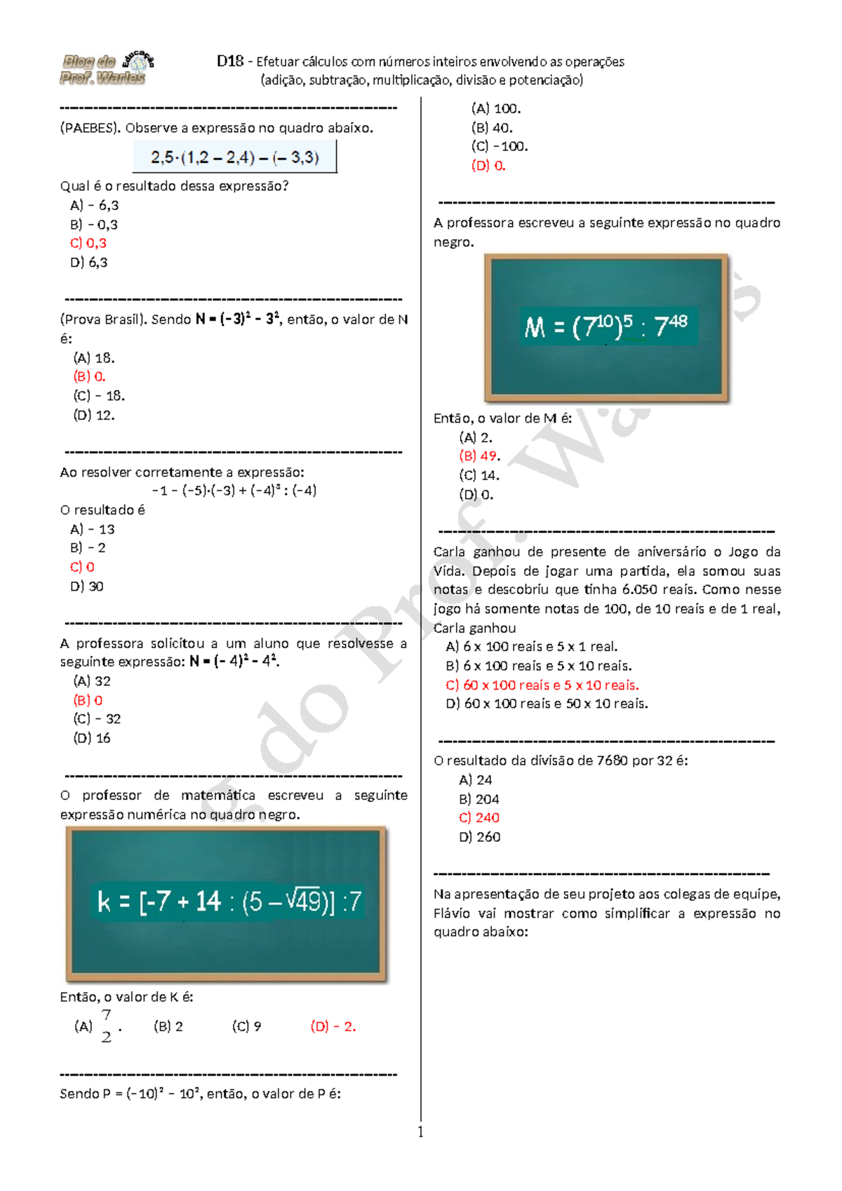 D18 (9º ANO - Mat.) - Blog do Prof. Warles - (adição, subtração ...