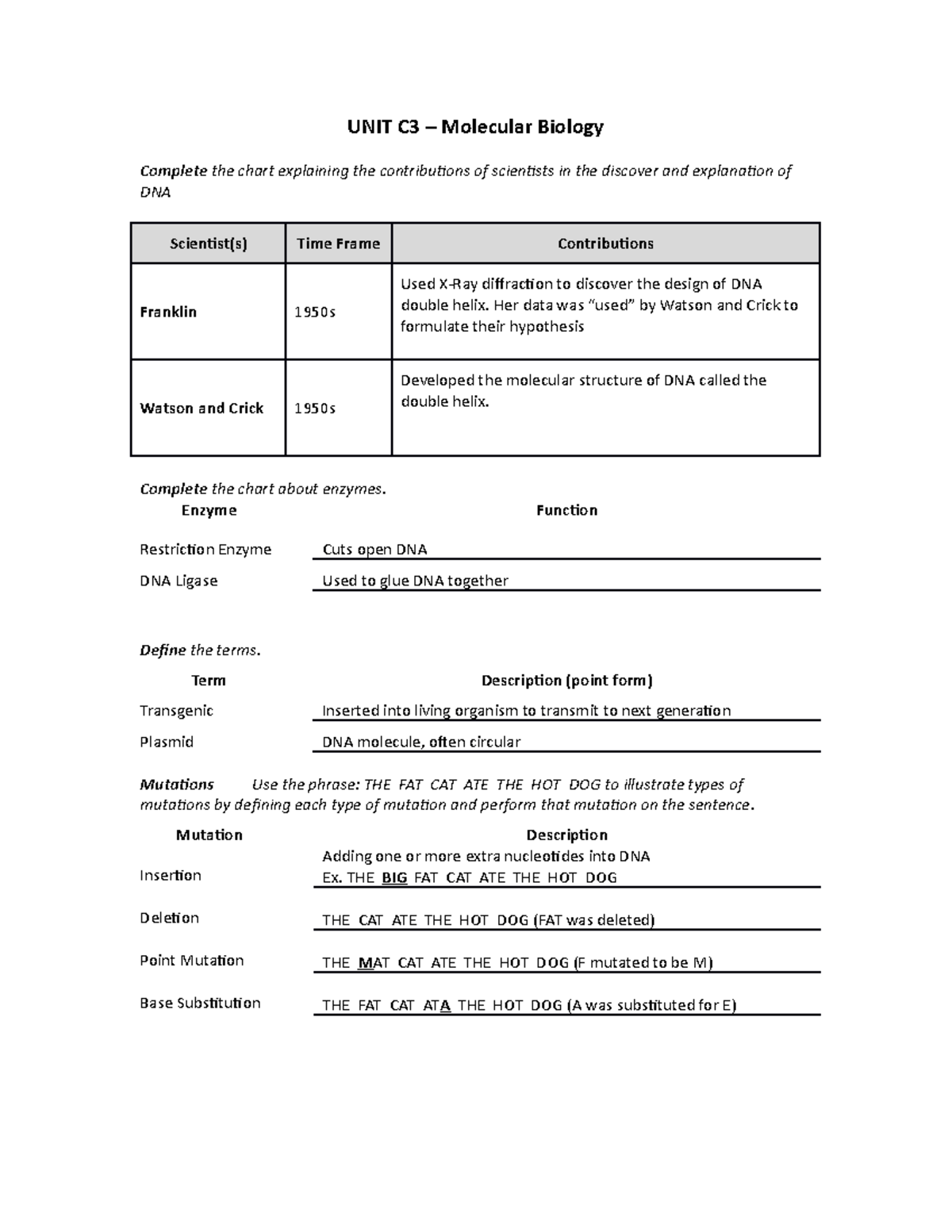 Molecular biology Workbook (Key) - UNIT C3 – Molecular Biology Complete ...