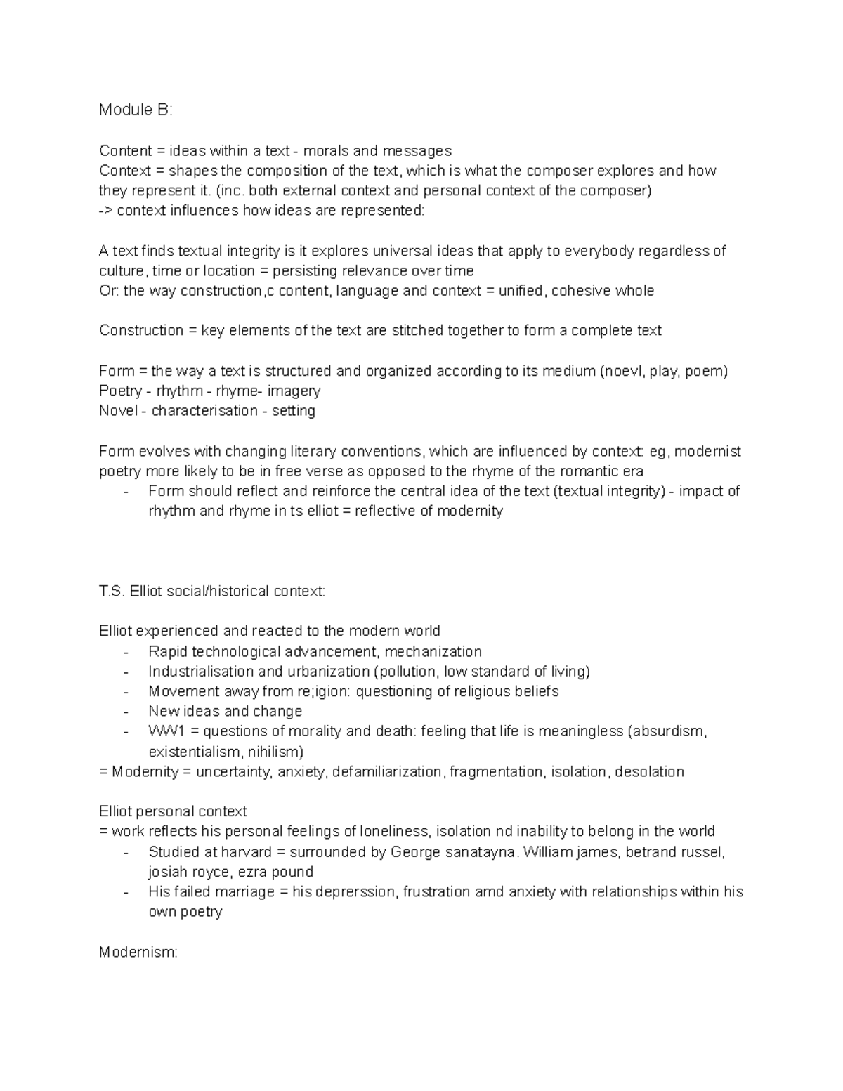 TS Elliot essay trials practice mod B - Module B: Content = ideas ...