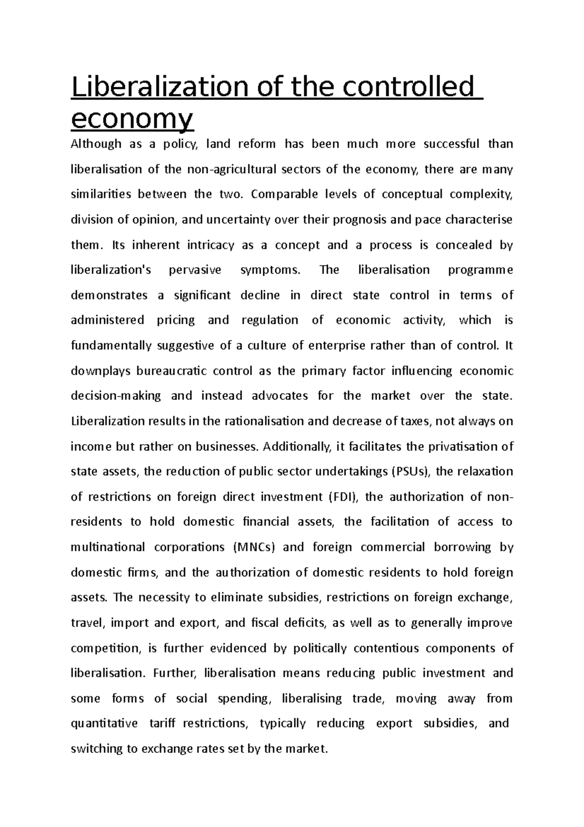 Liberalization of the controlled economy - Liberalization of the ...