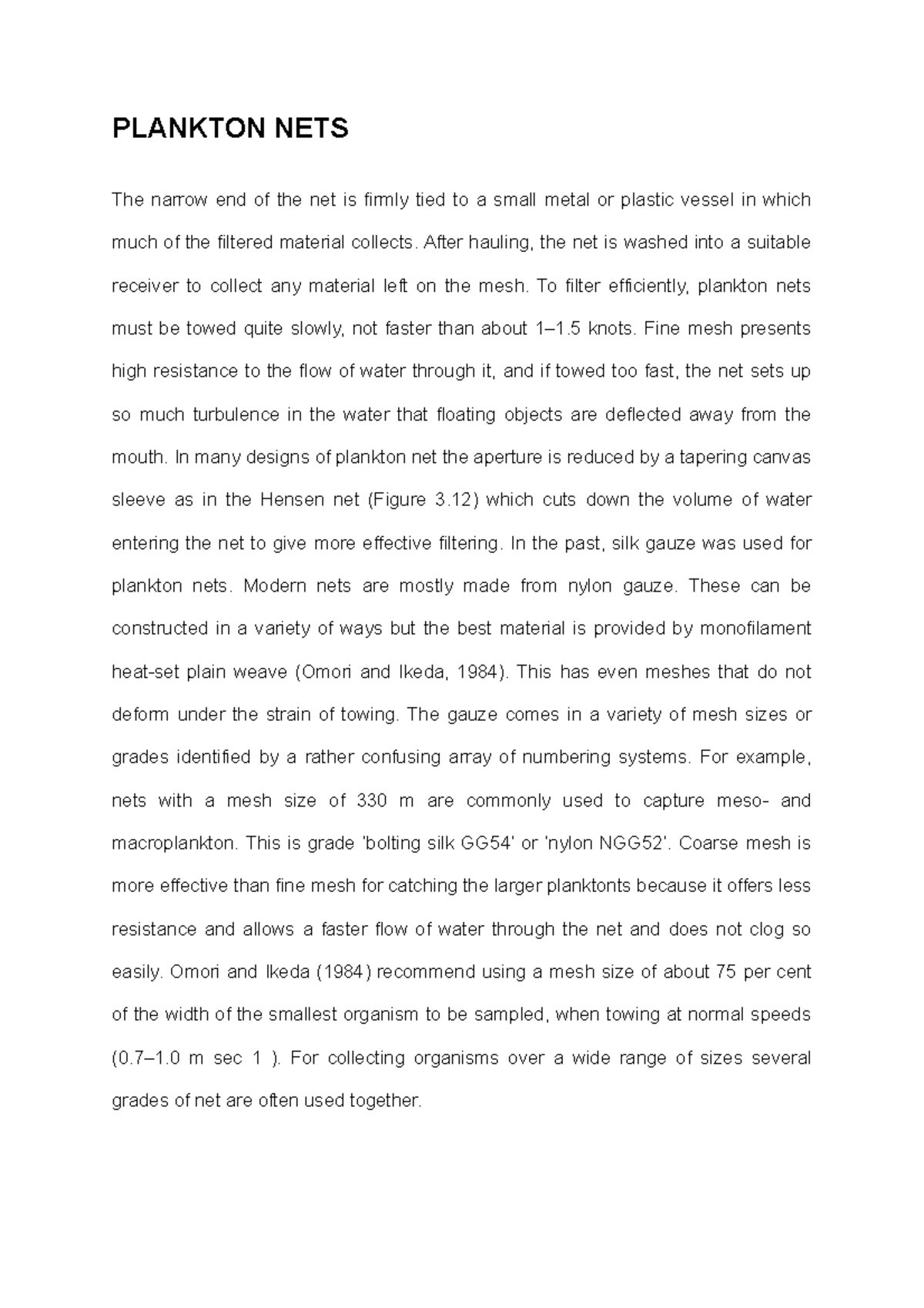 Lecture Notes Plankton NETS - PLANKTON NETS The narrow end of the net ...