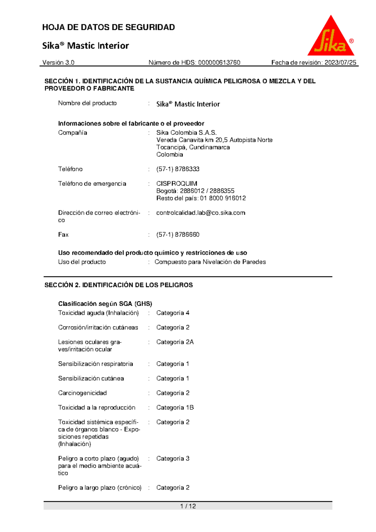 Sika® Mastic Interior - 2023 - Sika® Mastic Interior Versión 3. 0 ...