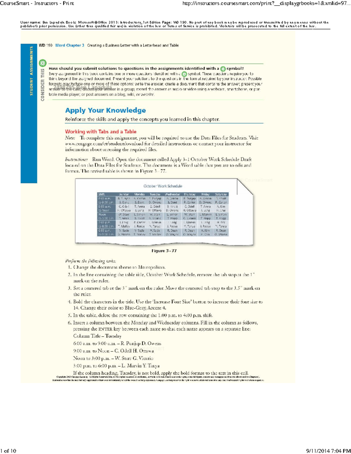 Word Assignment Chapter 3 - User name: Ben Lapadula Bo o k: Microsoft® Office 2013: Introductory ...