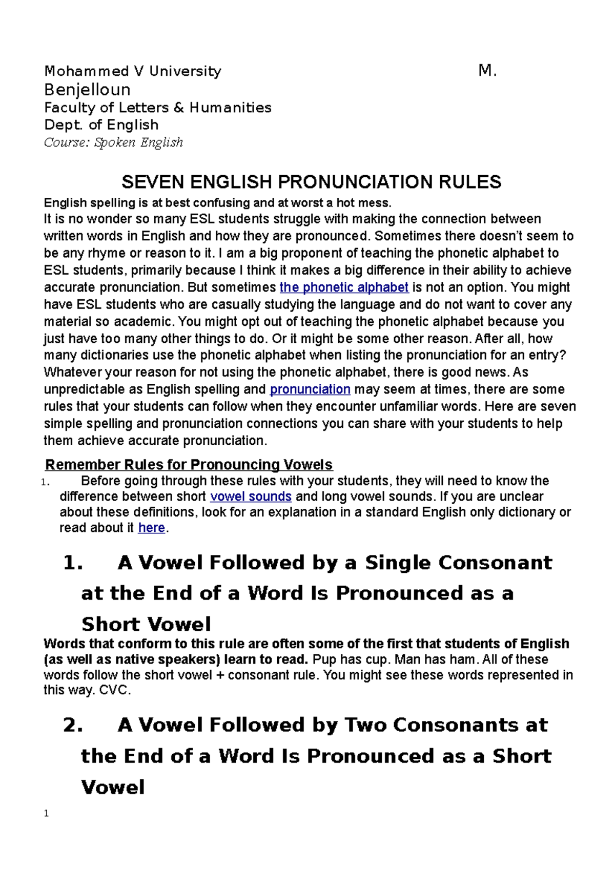 7 pronunciation rules - Mohammed V University M. Benjelloun Faculty of ...