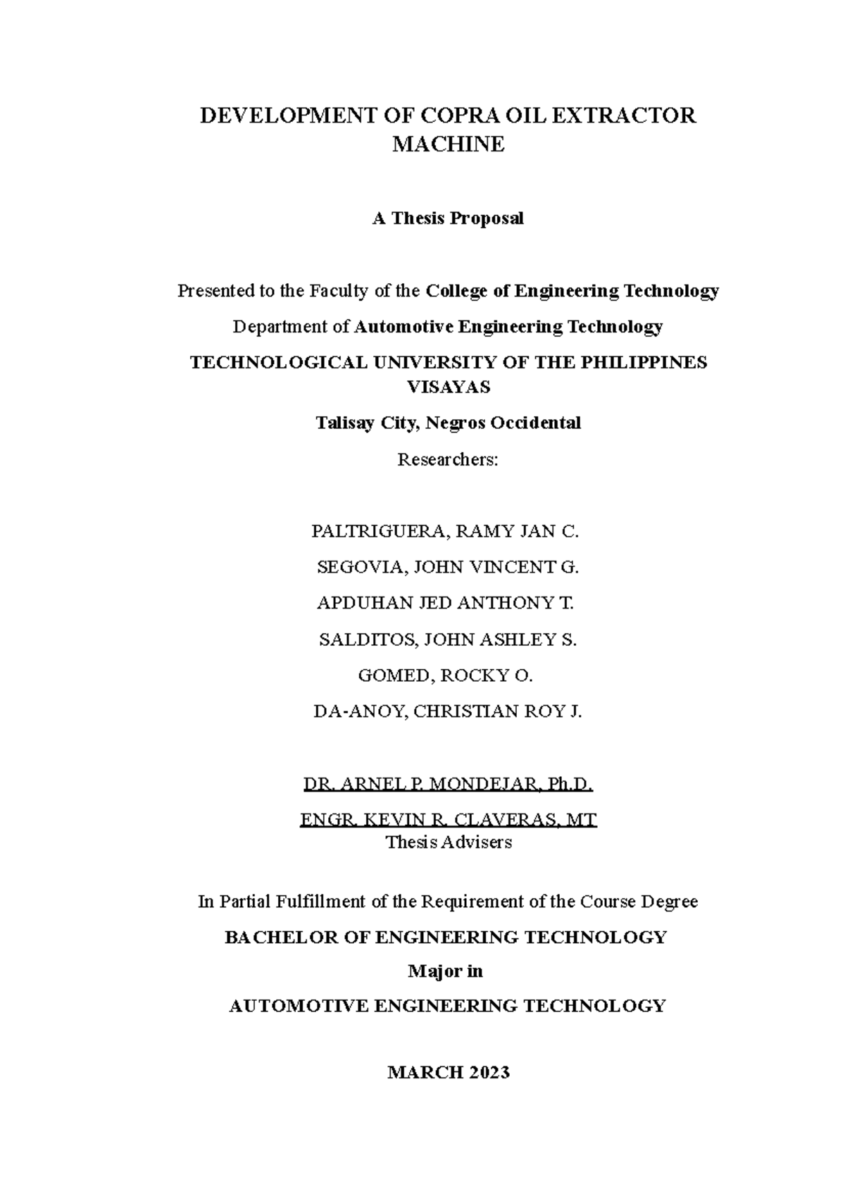 Thesis final def - N/A - DEVELOPMENT OF COPRA OIL EXTRACTOR MACHINE A ...