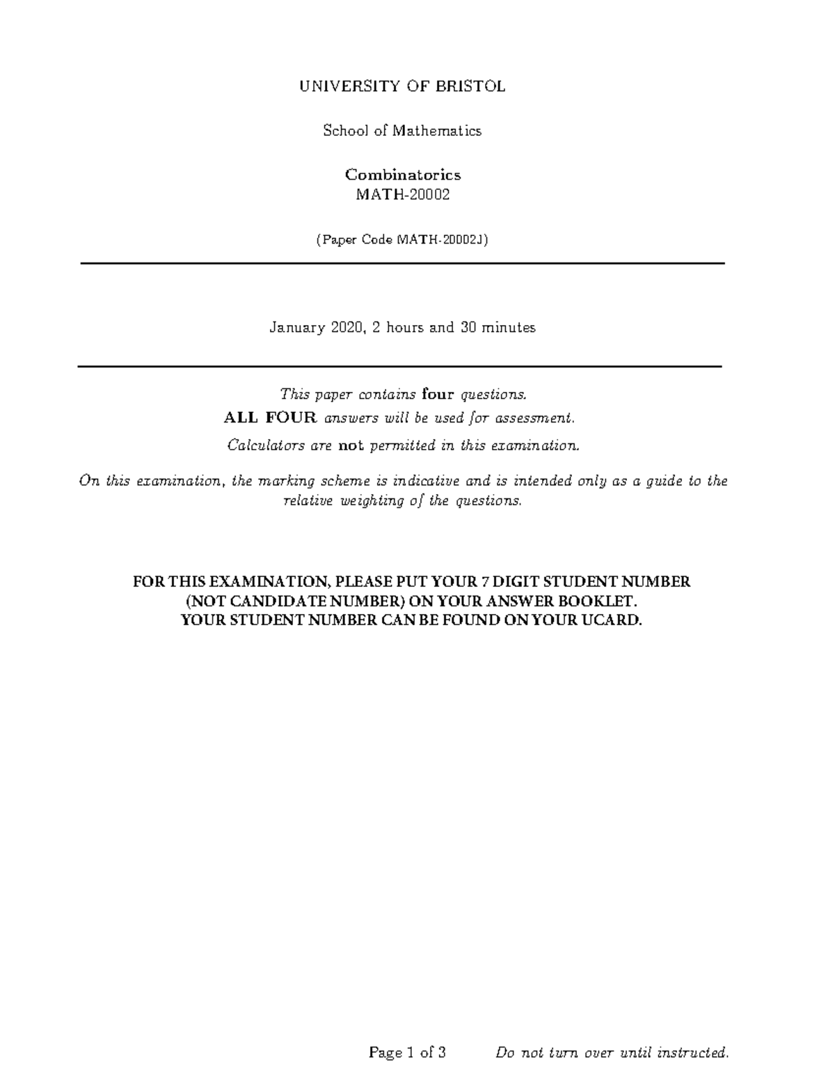 Combinatorics Exam 2020 - UNIVERSITY OF BRISTOL School of Mathematics ...