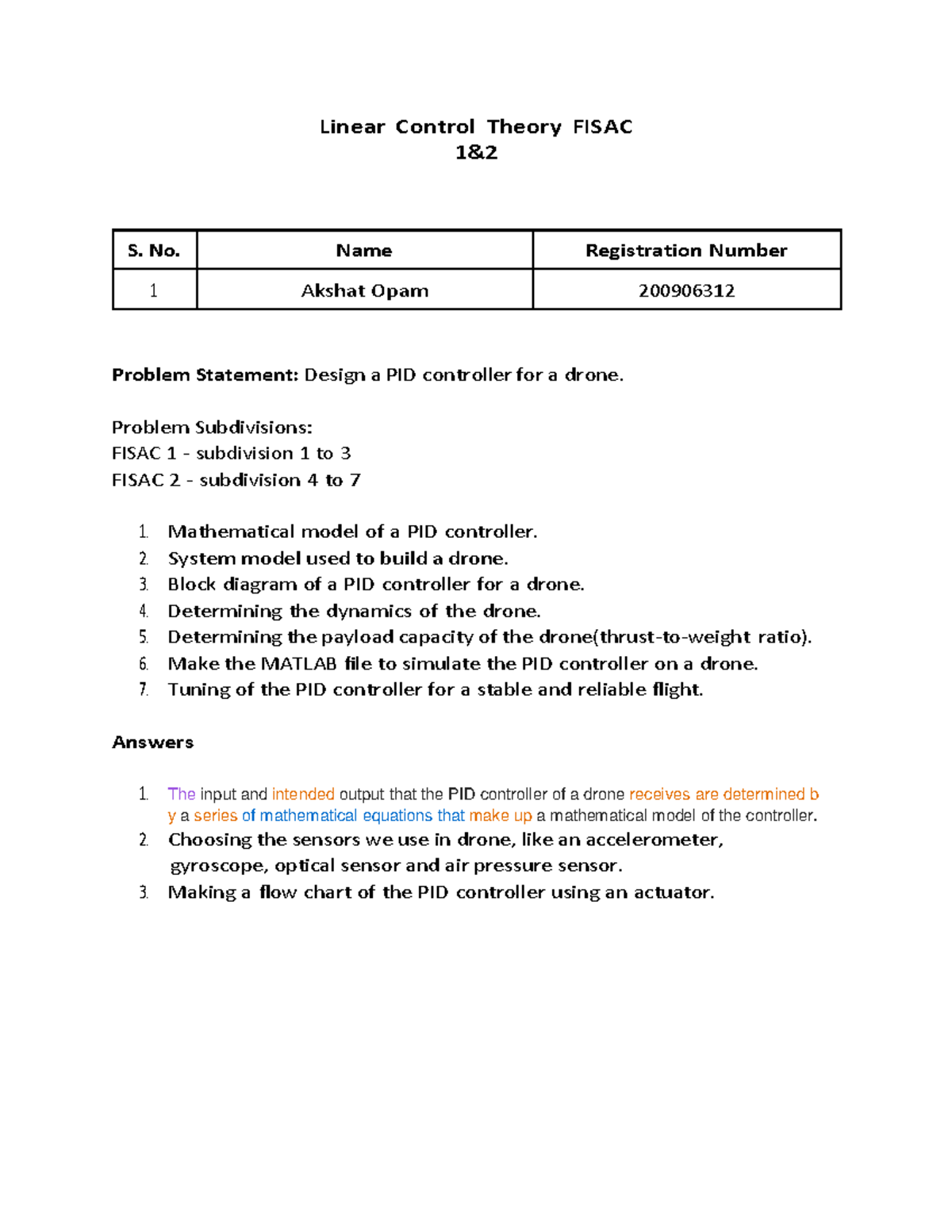 LCT Fisac 1-2 - linear control theory assignment - Linear Control Theory FISAC 1& S. No. Name ...