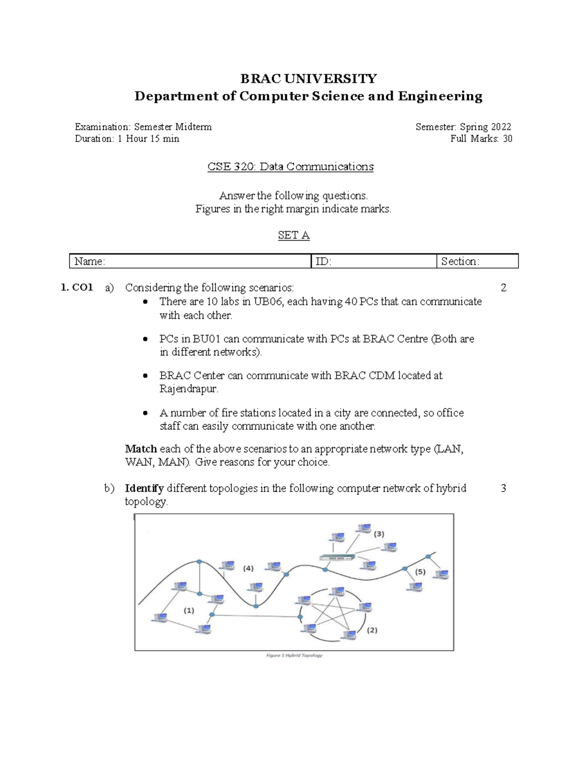 320-sample-mid - BRAC UNIVERSITY Department of Computer Science and Engineering Examination ...