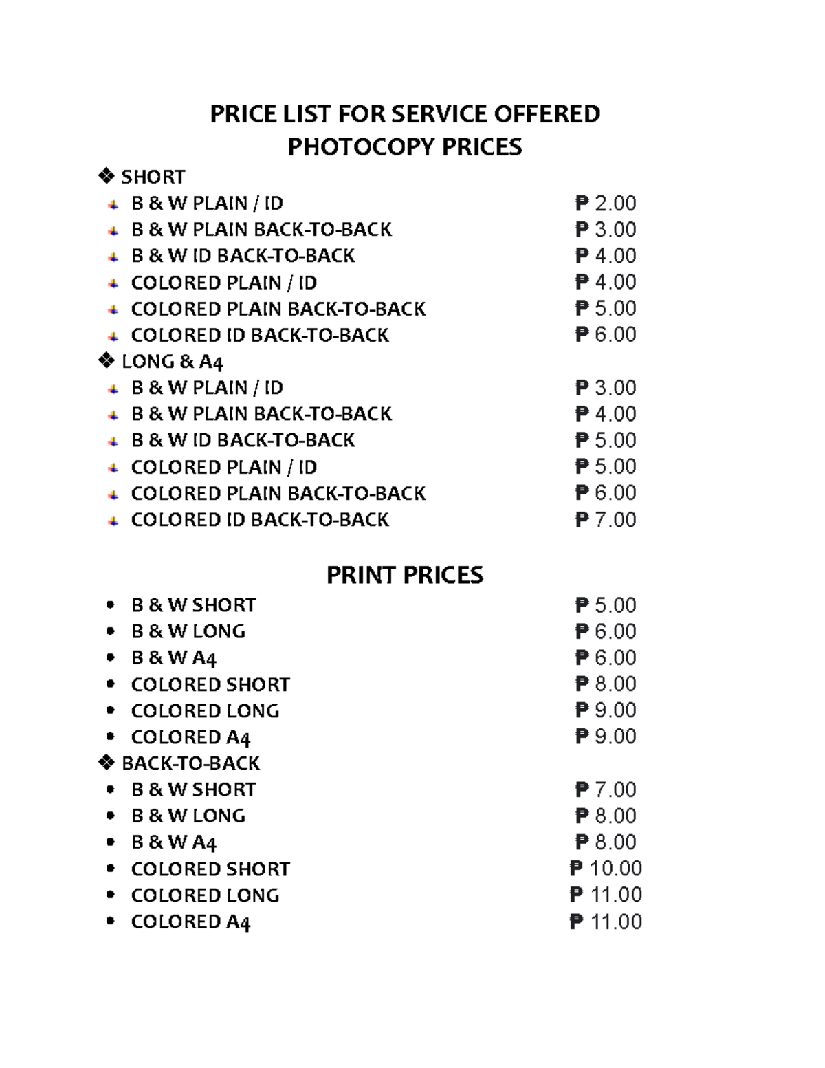 Price LIST FOR Service Offered - PRICE LIST FOR SERVICE OFFERED ...
