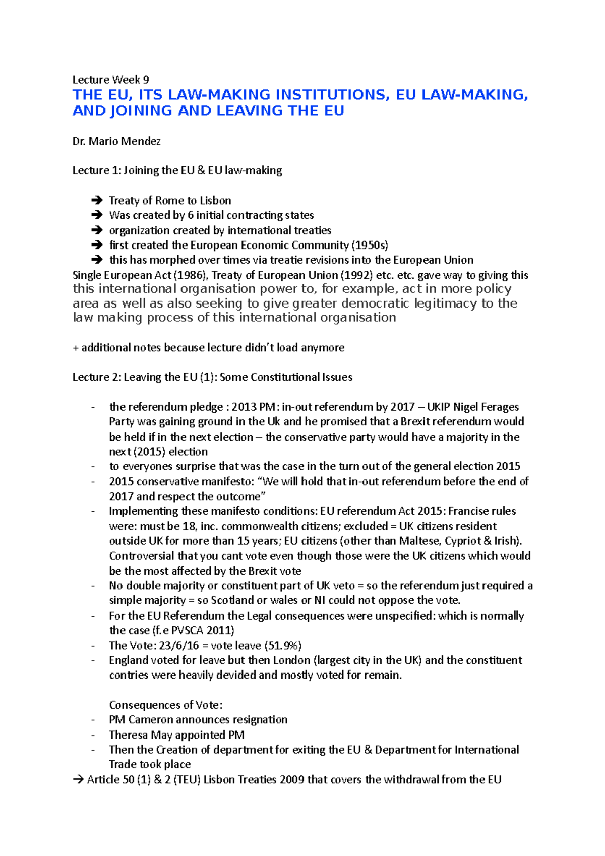Lecture Week 9- The EU - THE EU, ITS LAW-MAKING INSTITUTIONS, EU LAW ...
