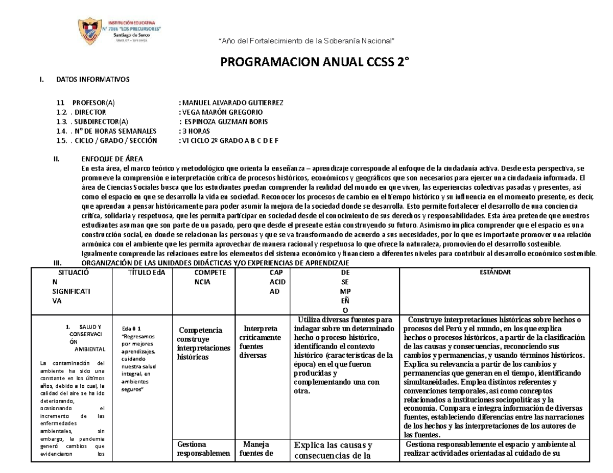Formato DE PROG Anual 2022 - PROGRAMACION ANUAL CCSS 2° I. DATOS INFORMATIVOS 1. PROFESOR(A ...
