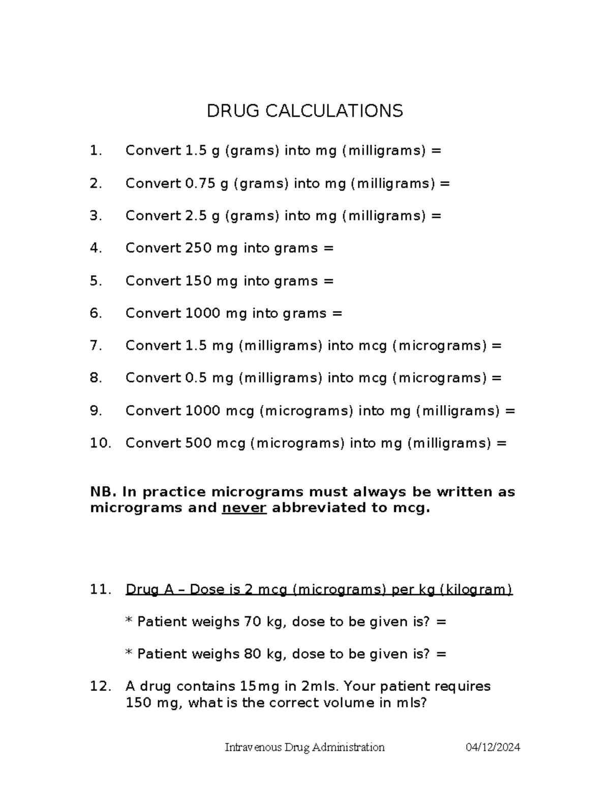 FOI 4498- Pharmaceutical Calculation Methods - DRUG Calculations quiz ...