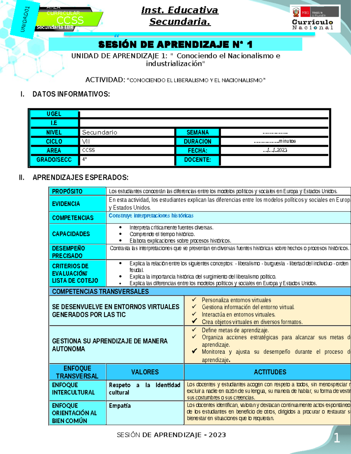 1. Sesión 01 - CC.SS. 4° SEC -SEM. 1 - UNI 1 - CCSS UNIDAD Secundaria EBR CURRICULAR Inst ...