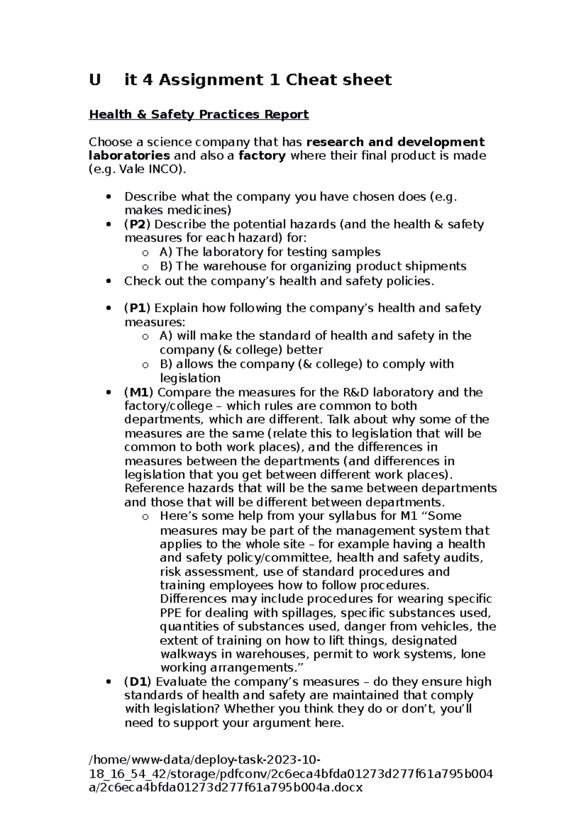 Unit 4 Assignment 1 cheat sheet - U it 4 Assignment 1 Cheat sheet Health & Safety Practices ...
