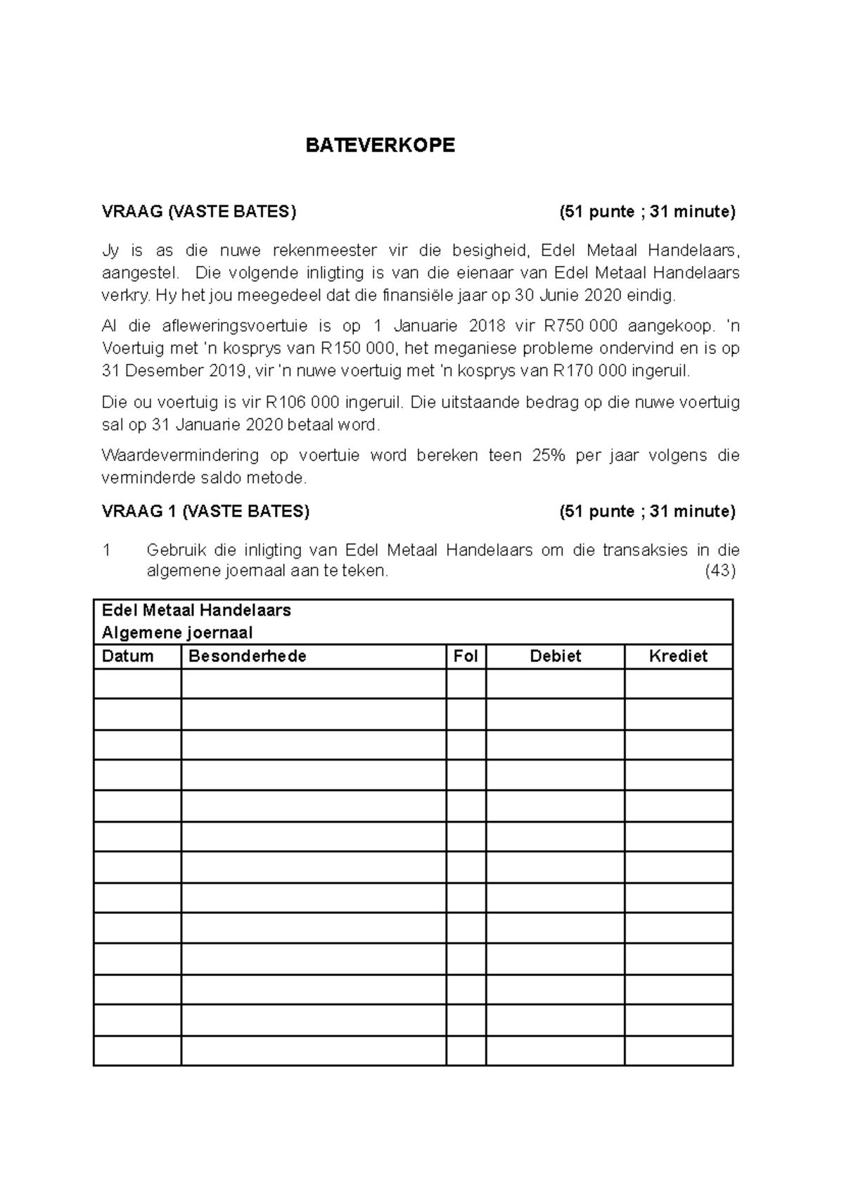 Vraag Antwoordbladsye Oplossing - BATEVERKOPE VRAAG (VASTE BATES) (51 ...