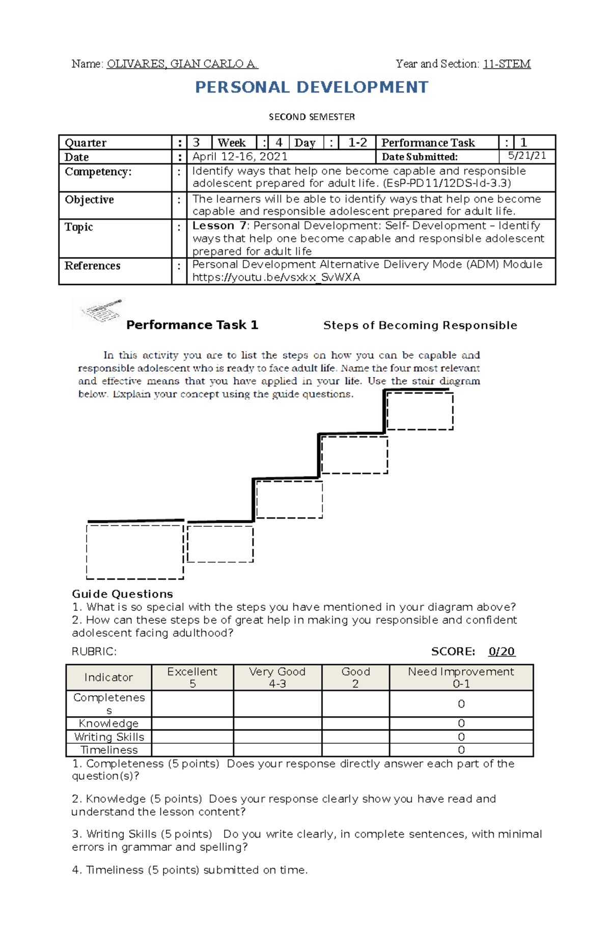 SHS Perdev Q3 Wk4 Olivares - Name: OLIVARES, GIAN CARLO A. Year and Section: 11-STEM PERSONAL ...