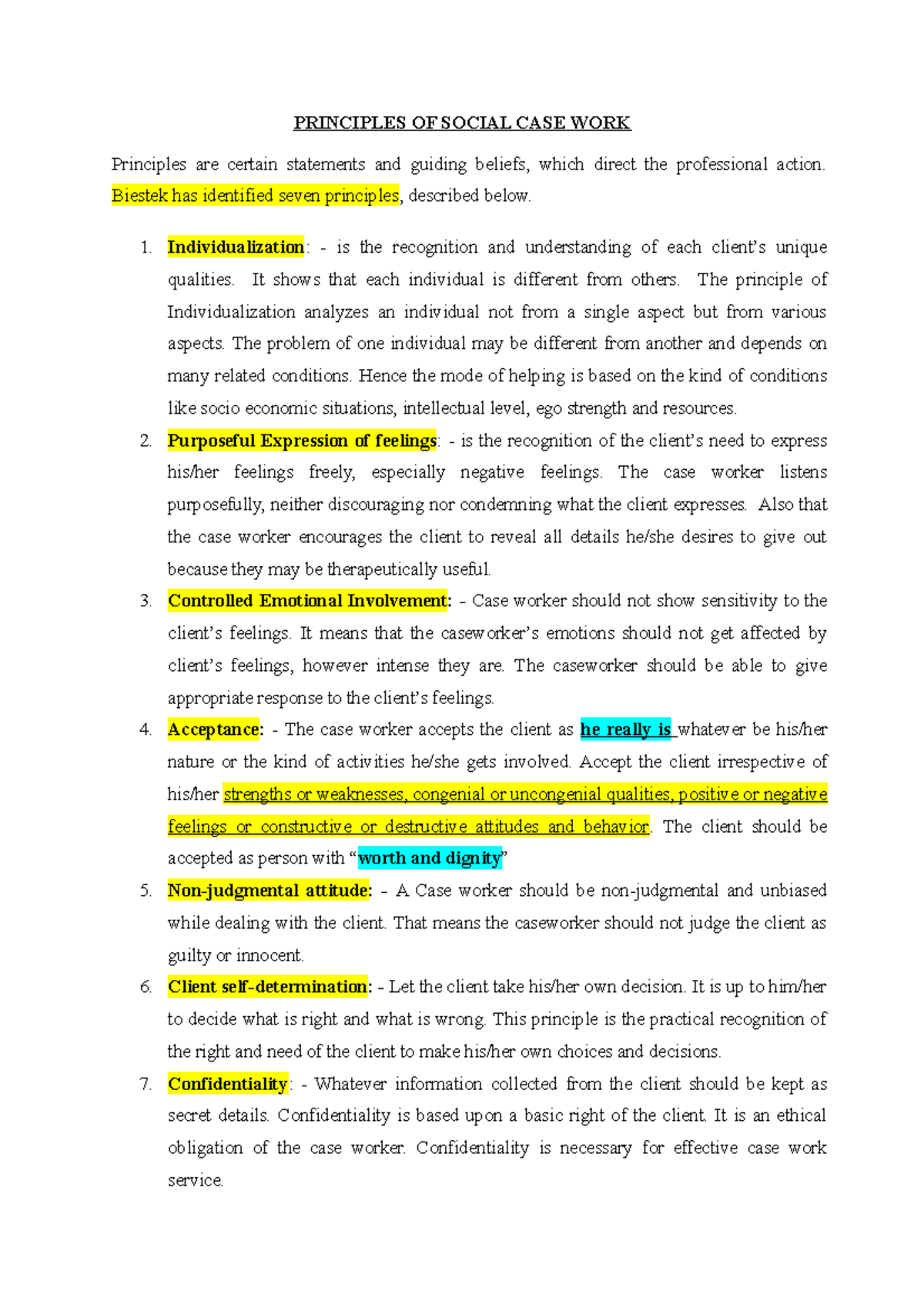 (A) Descriptive Notes M 1 - PRINCIPLES OF SOCIAL CASE WORK Principles ...